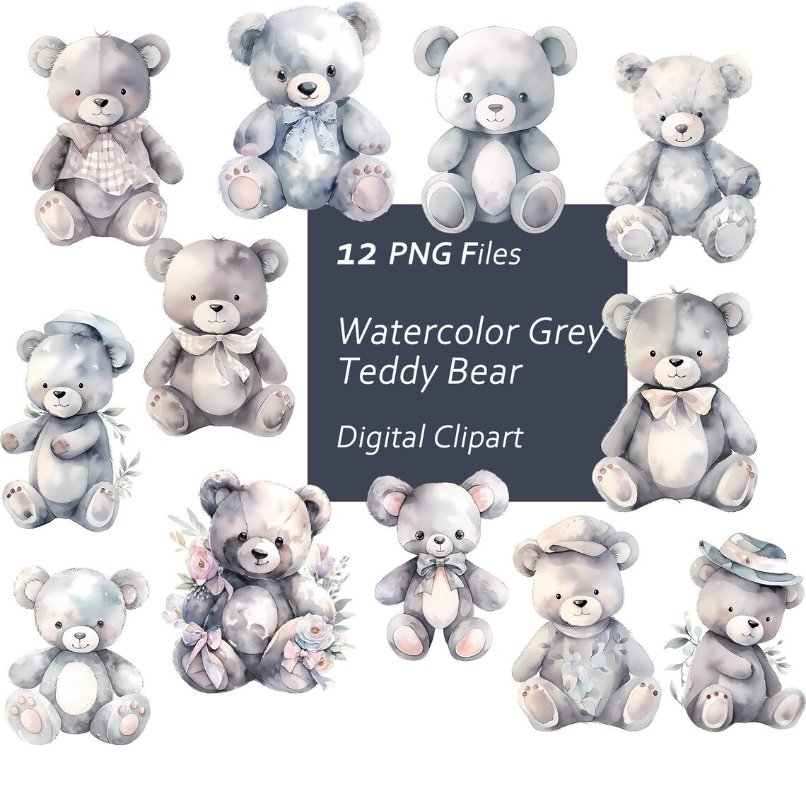 Watercolor Grey Teddy Bear Clipart Set - Teddy Clipart - Grey Bears ...