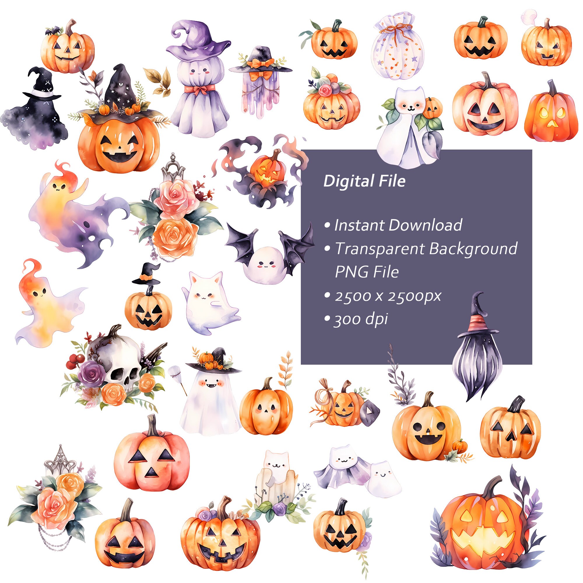 Watercolor Kawaii Halloween Clipart Set - Cute Halloween - Trick or ...