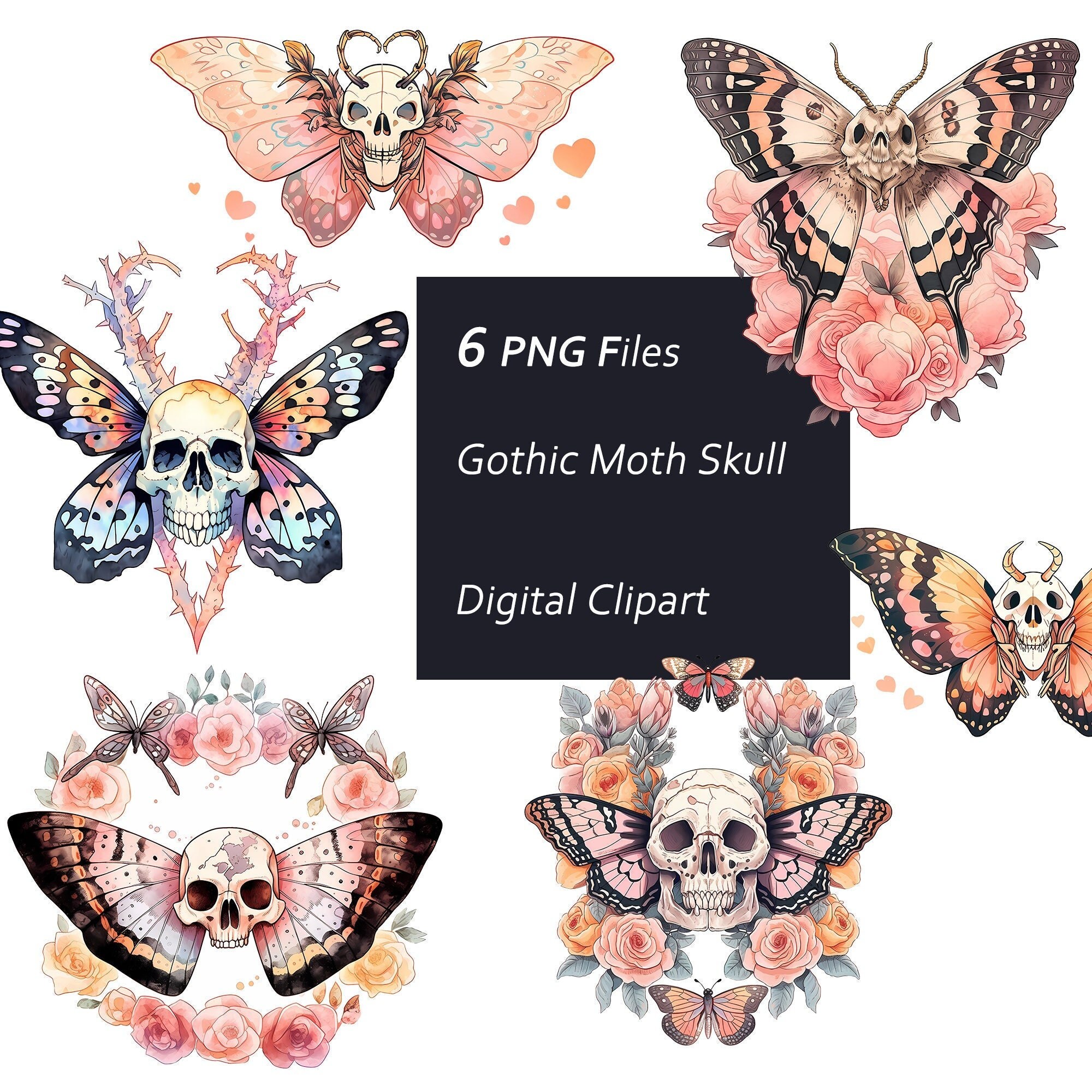 Gothic Moth Skull Clipart Set Gothic Prints Instant Download PNG ...