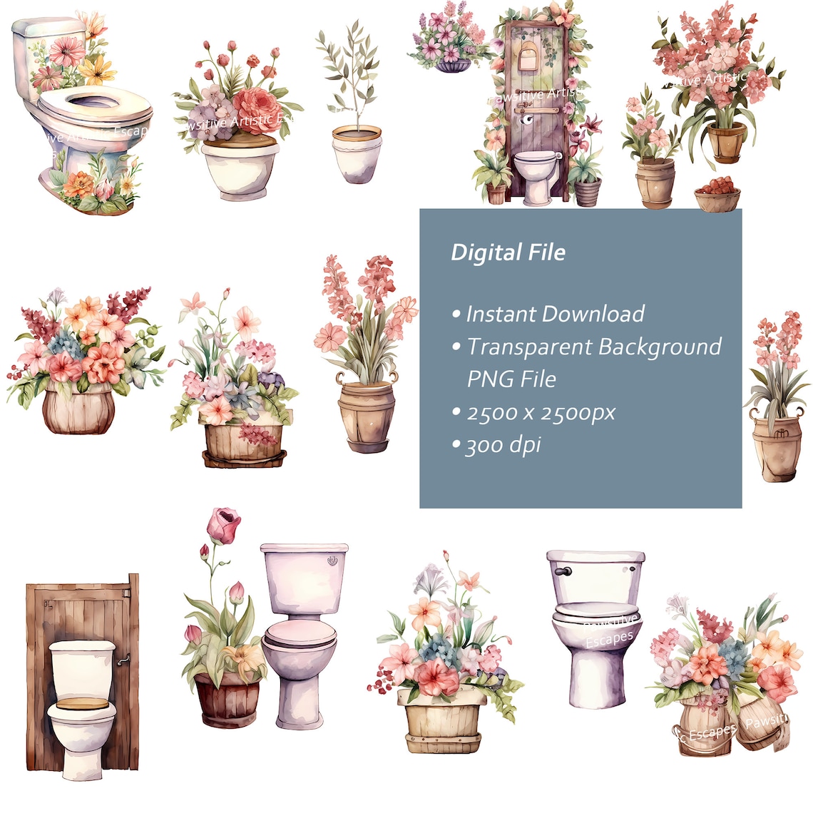 Watercolor Bathroom Flower Clipart – Whimsical Floral PNG (digital ...