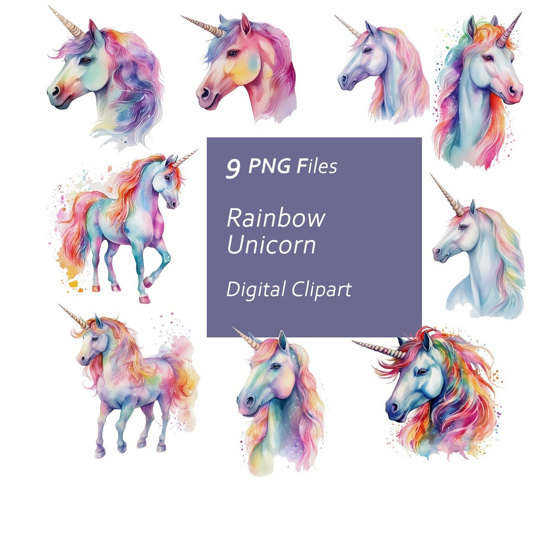 Rainbow Unicorn Watercolor Clipart Set – Printable PNG Graphics ...