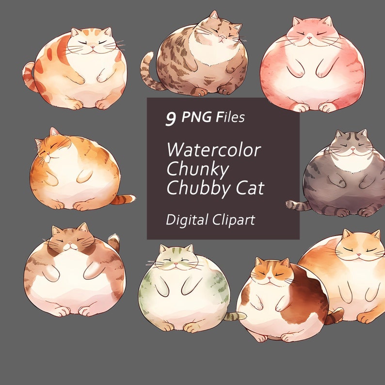 Watercolor Chunky Chubby Cat Clipart Set - Adorable Chubby Cat ...