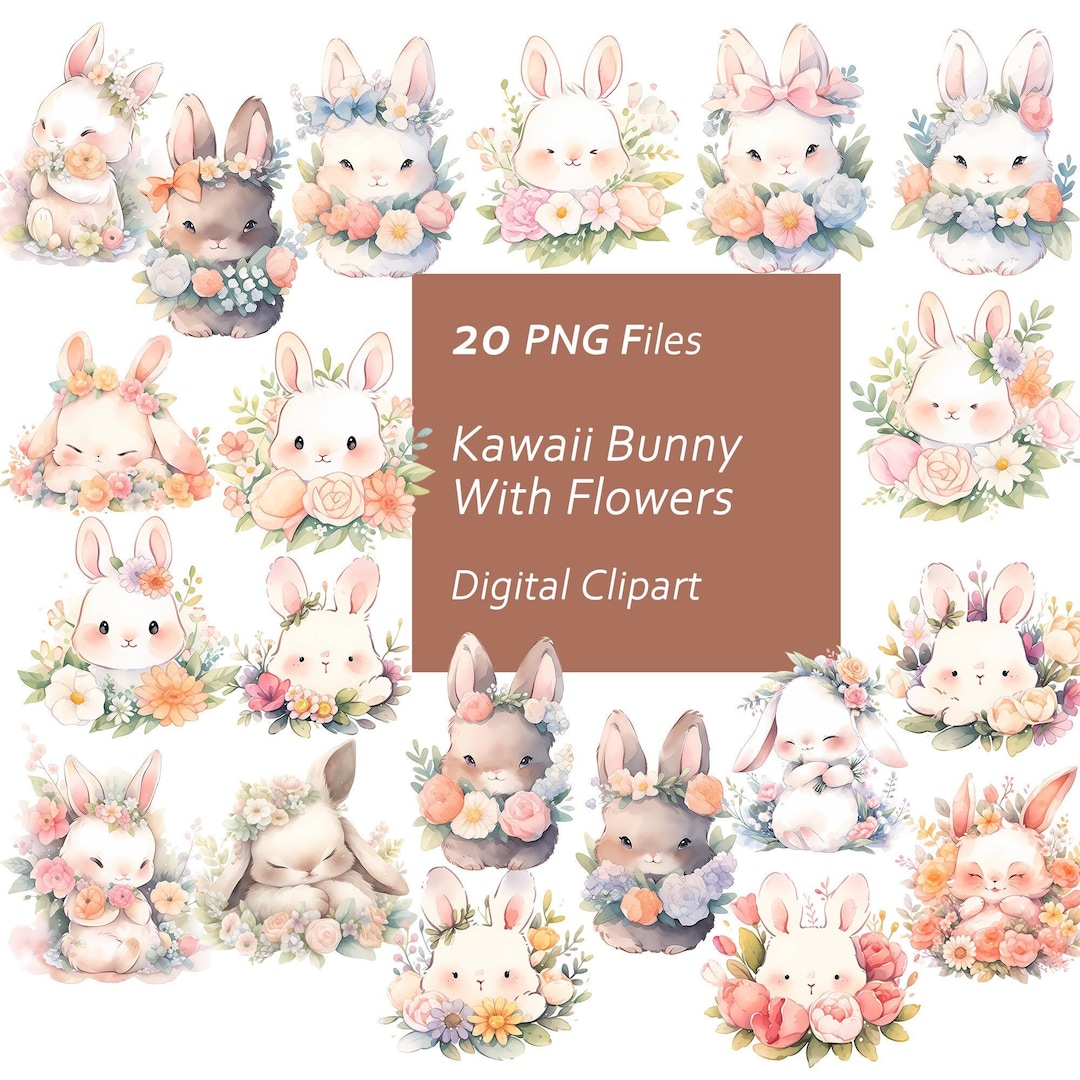 Kawaii Bunny With Flowers Clipart Set - Whimsical Bunny - Sweet Bunny ...