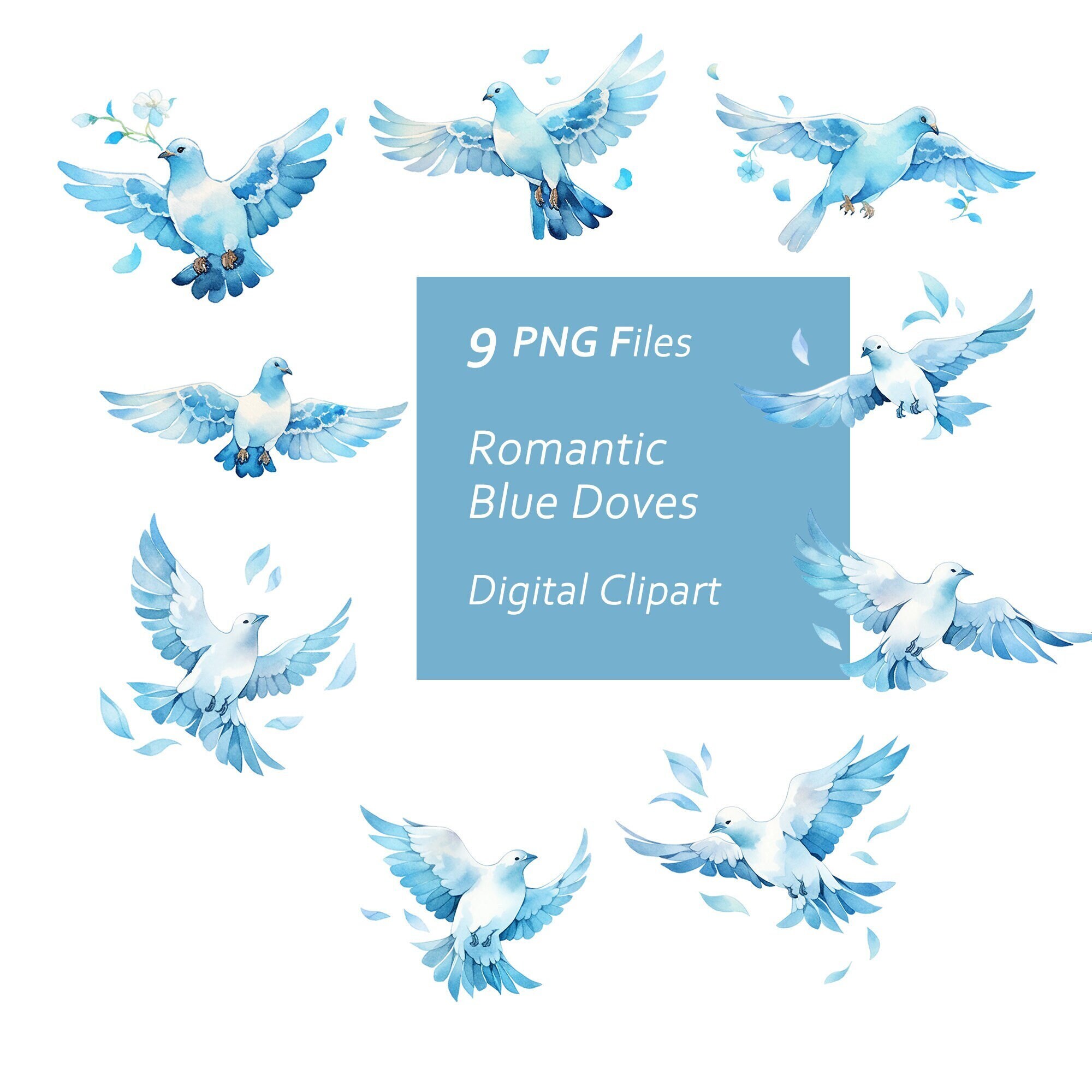 Romantic Blue Doves Clipart Set - Blue Birds - Romantic Decor - Instant ...