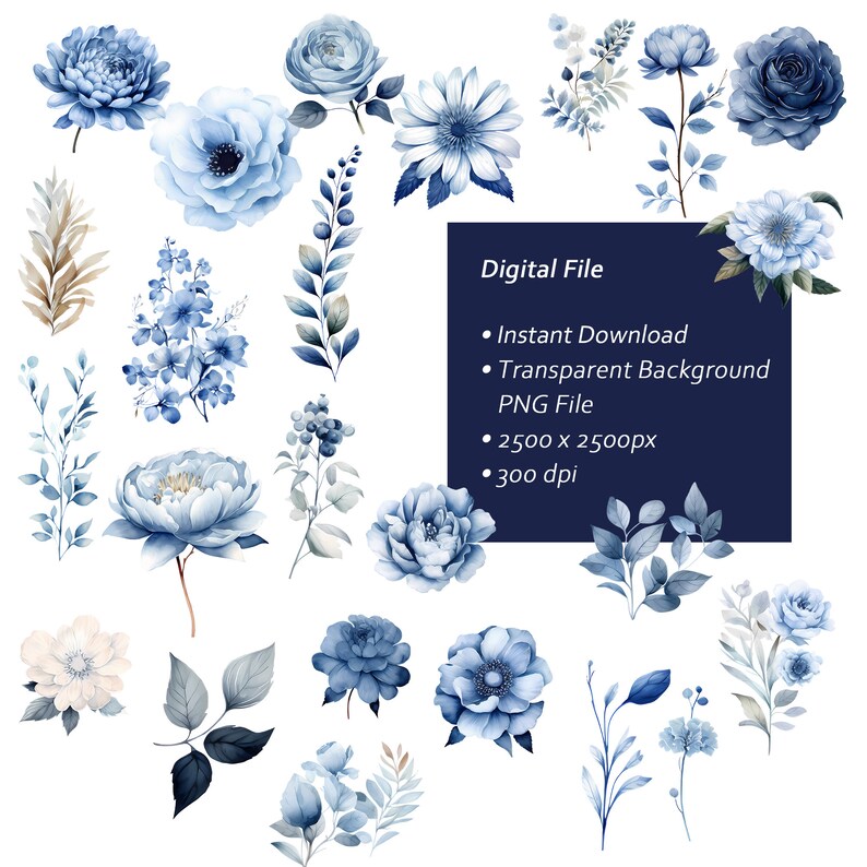 Dusty Blue Floral Clipart Set - Floral Graphics - Whimsical Design ...