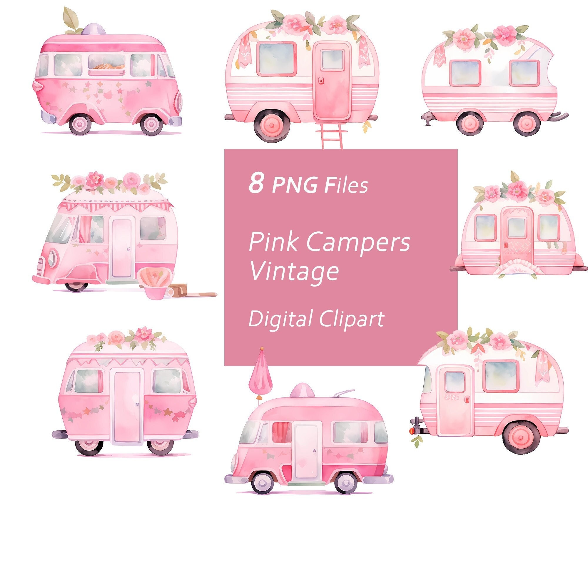 Pink Vintage Camper Clipart Set – Retro PNG Graphics (digital Download ...