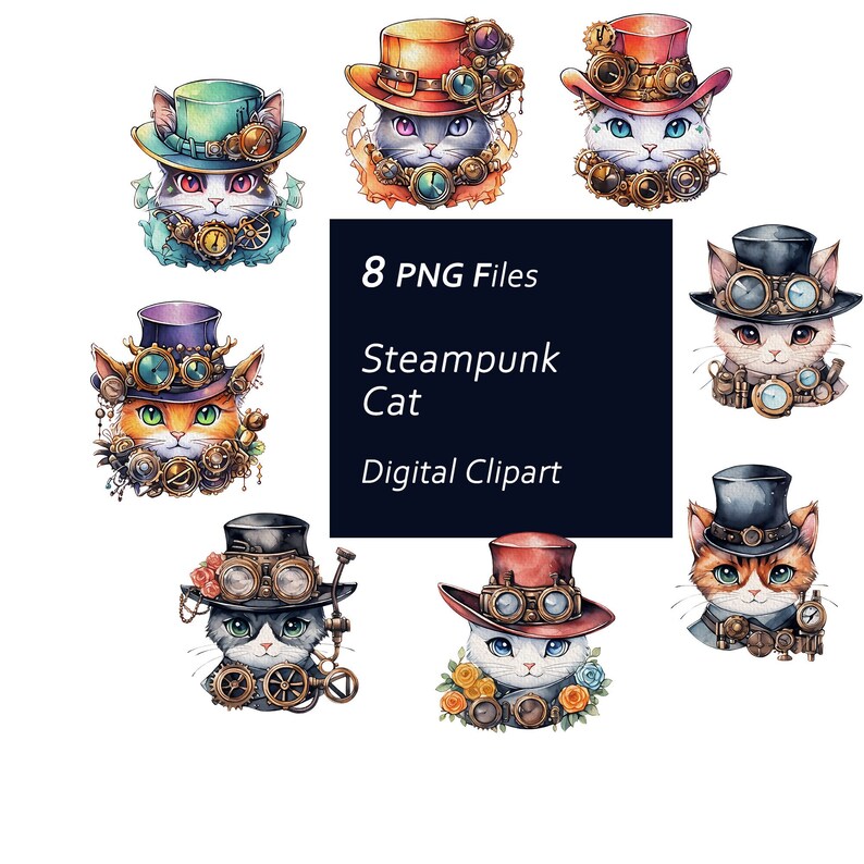 Steampunk Cats Clipart Set - Whimsical Felines - Clockwork Cats ...