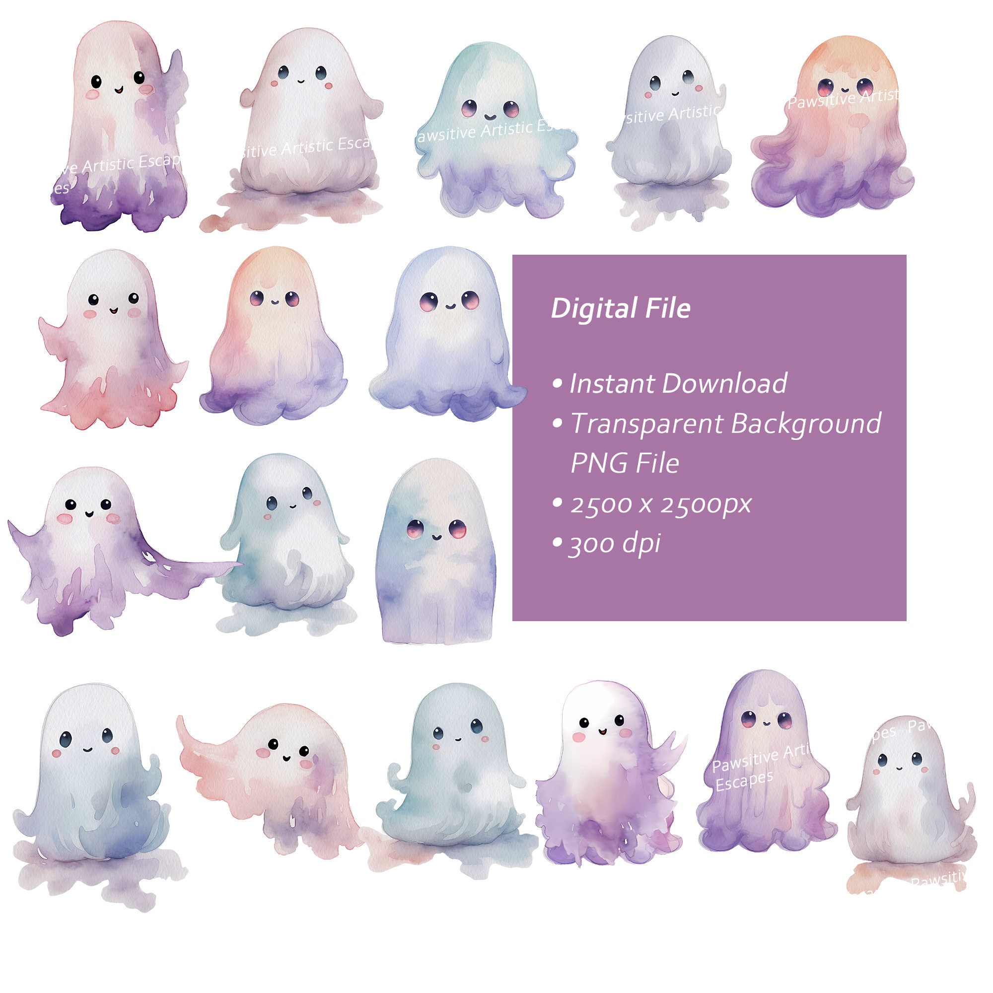 Kawaii Ghosts Watercolor Clipart Set - Cute Ghosts - Halloween Clipart ...