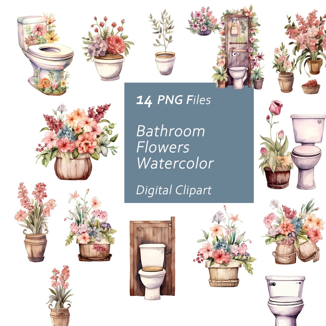Watercolor Bathroom Flower Clipart – Whimsical Floral PNG (digital ...