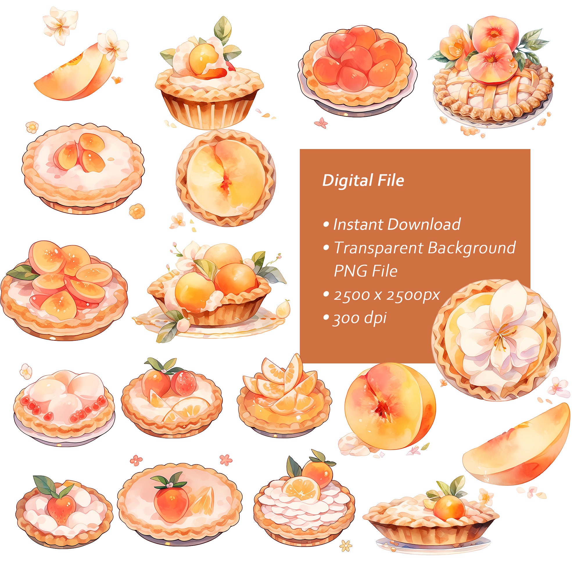 Peach Pie Clipart Set – Whimsical Watercolor PNG Images (instant ...