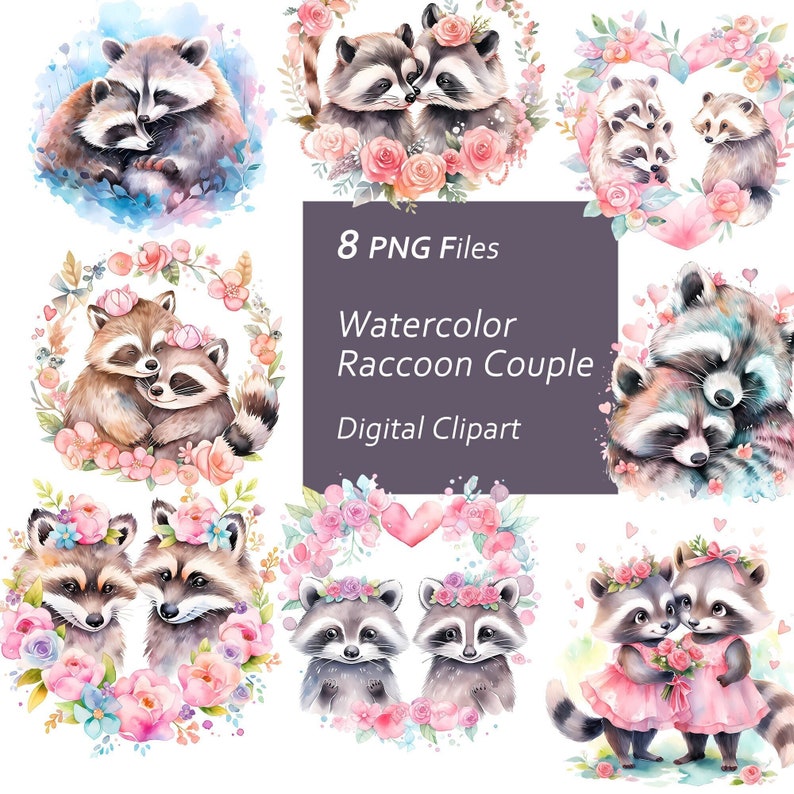 Watercolor Raccoon Couple Clipart Set - Cute Raccoons - Lovey-dovey Duo ...