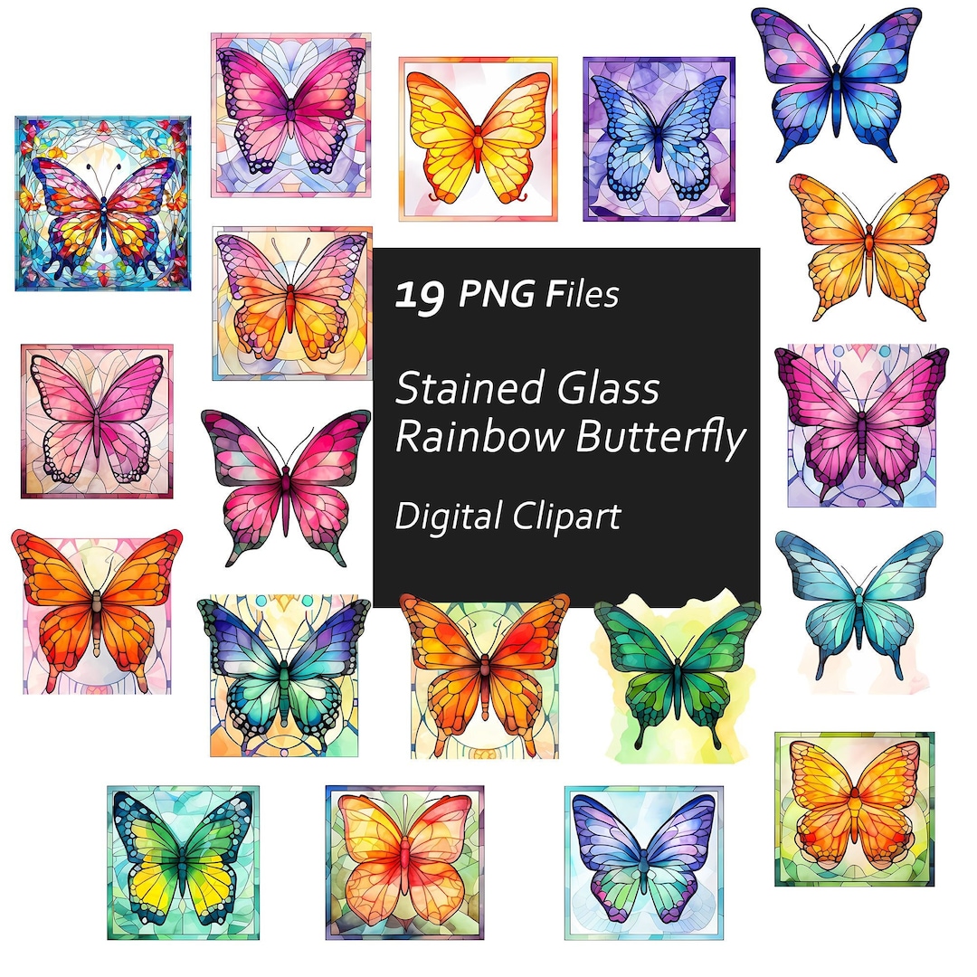 Stained Glass Rainbow Butterfly Clipart Set – 19 PNG Files (digital ...