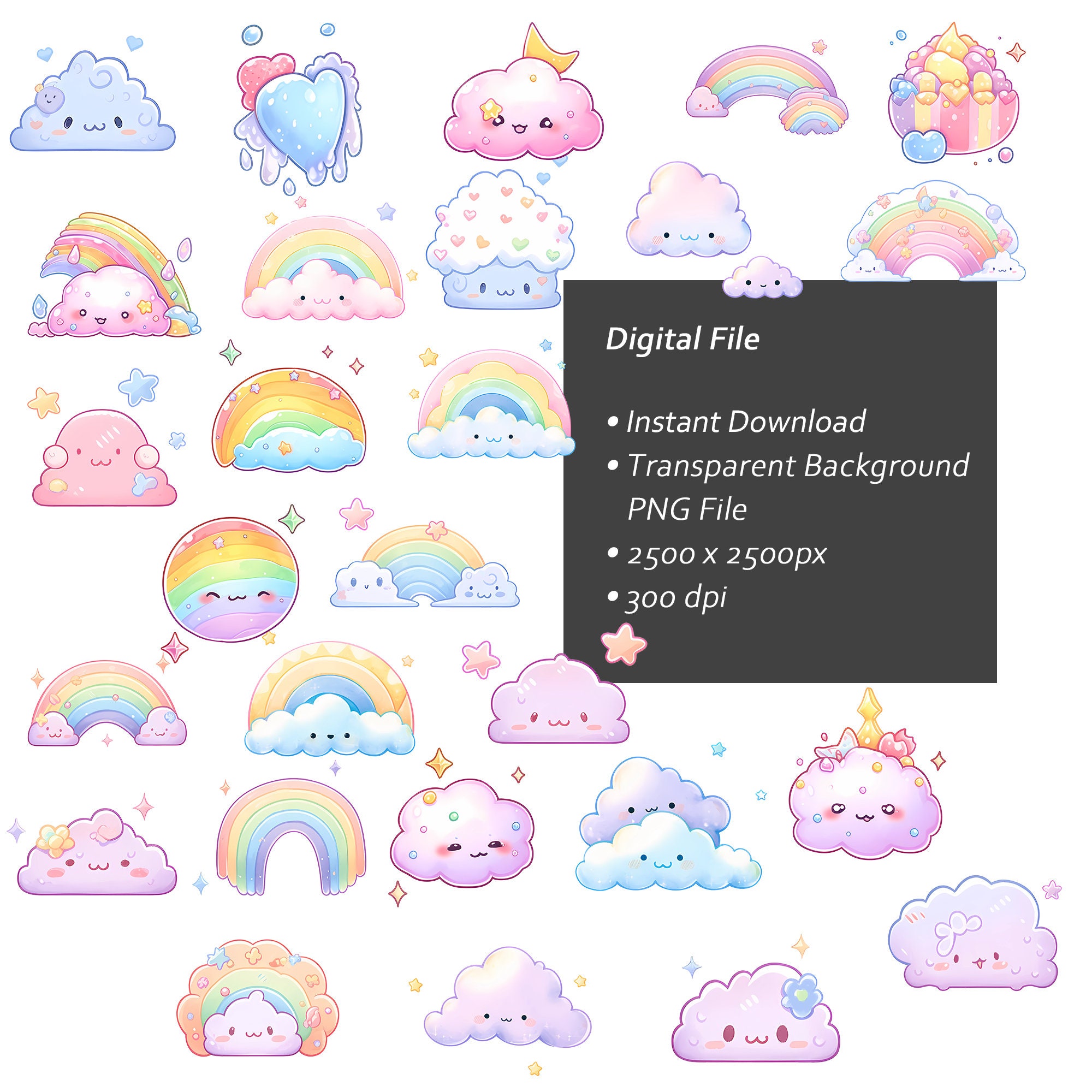 Whimsical Kawaii Pastel Rainbow Doodles Clipart Set - Fun Clipart ...