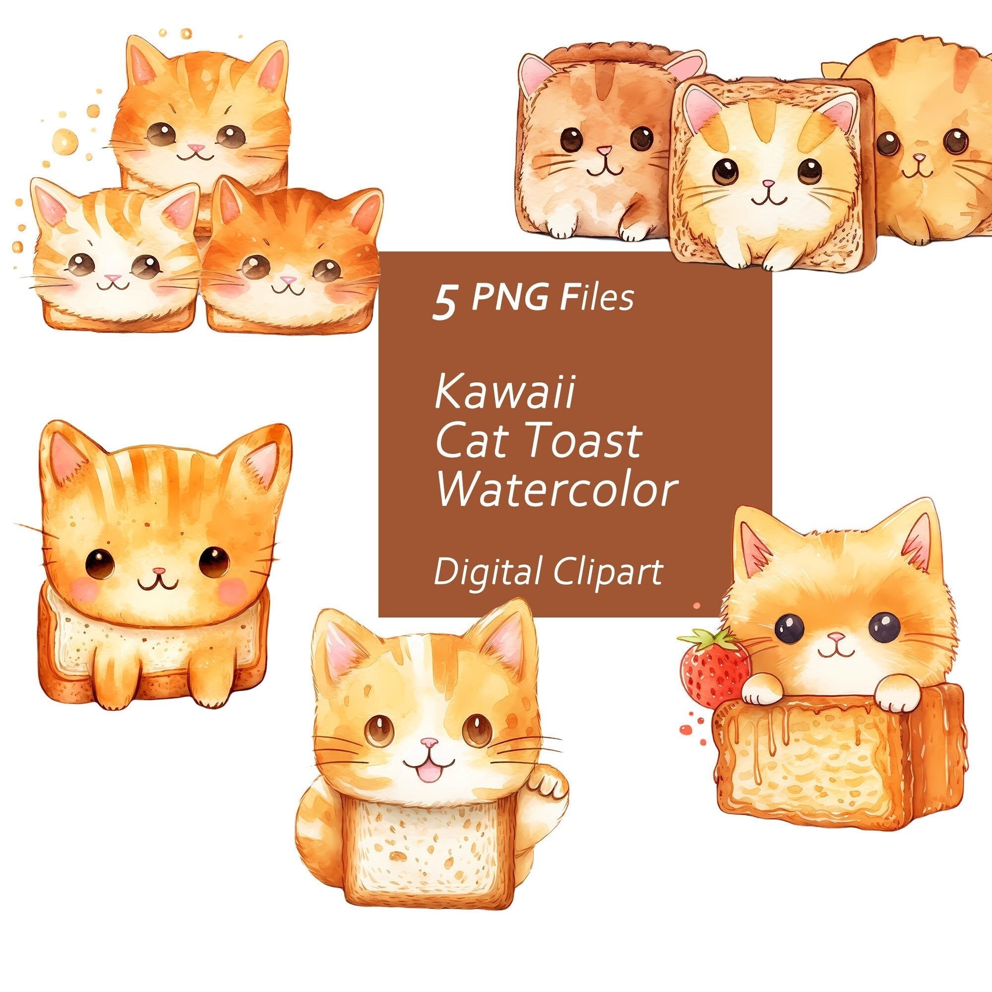 Kawaii Cat Toast Watercolor Clipart Set - Whisker Wonders - Toasty Paws ...