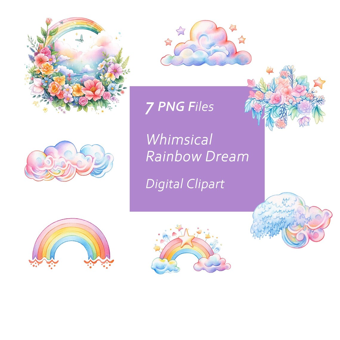 Rainbow Dream Clipart Set – Whimsical PNG Graphics (instant Download ...