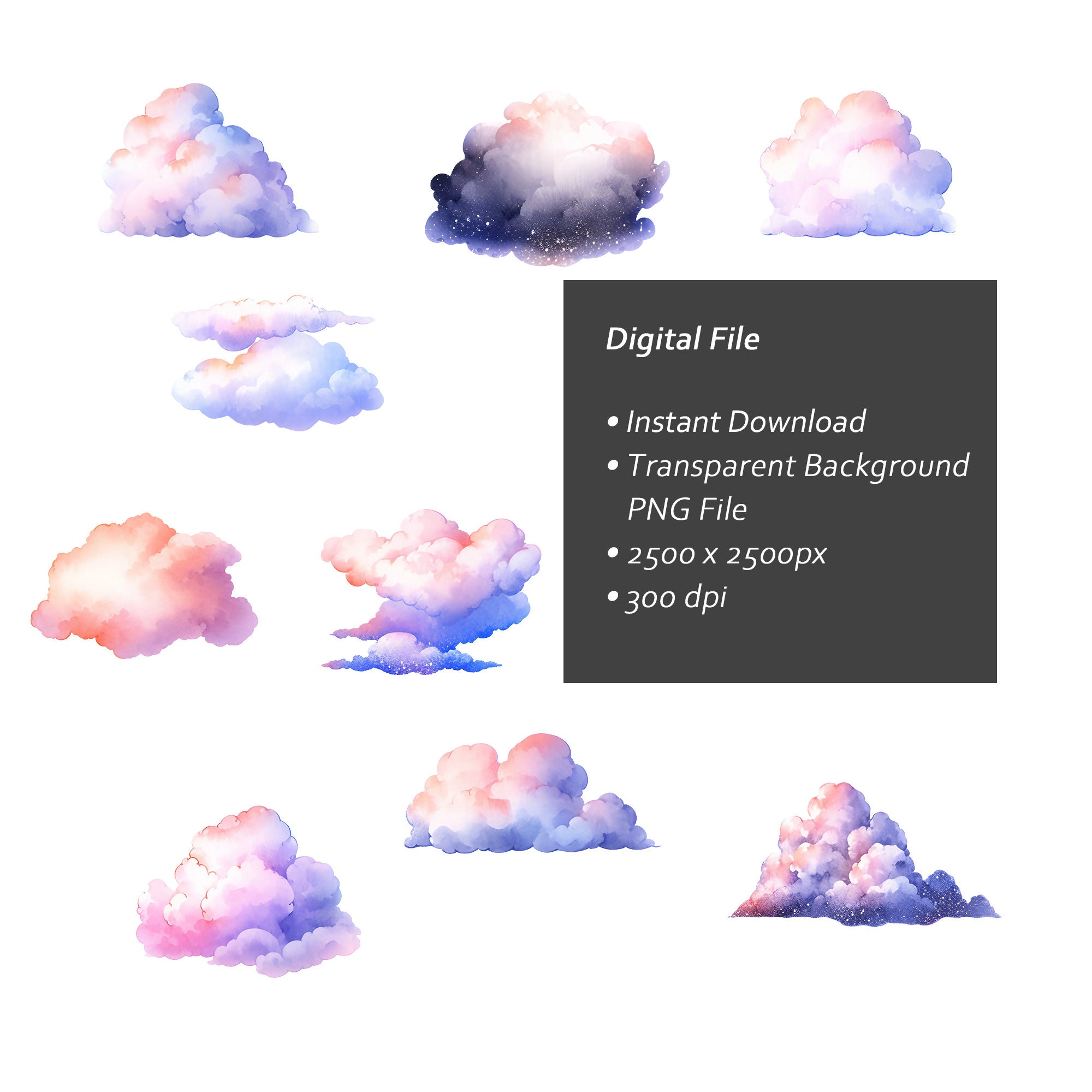 Watercolor Dreamy Pastel Clouds Clipart Set - Sky Graphics - Instant ...