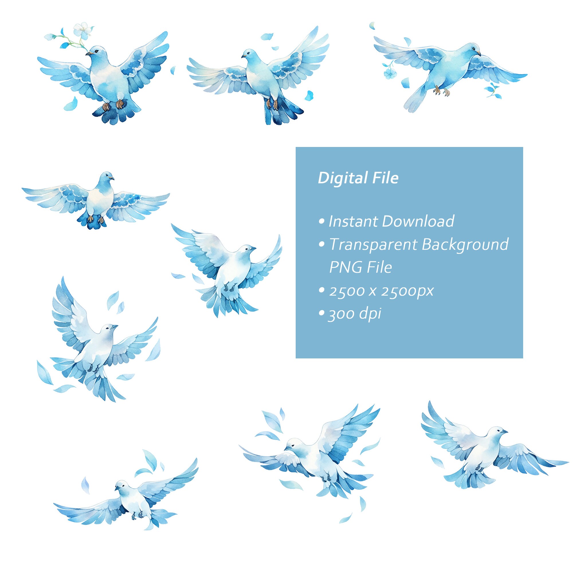 Romantic Blue Doves Clipart Set - Blue Birds - Romantic Decor - Instant ...