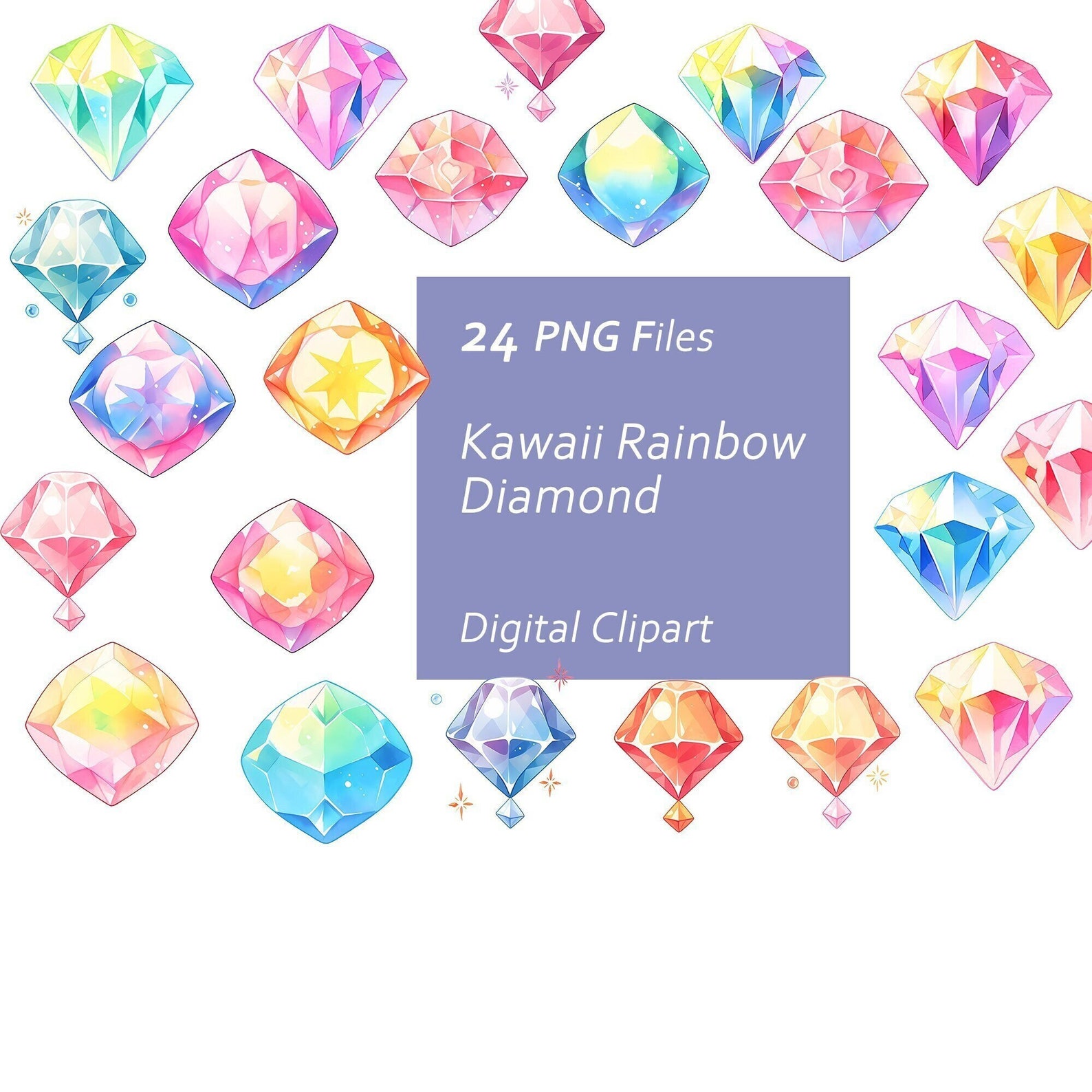 Kawaii Rainbow Diamond Clipart Set - Sparkling Graphics - Diamond ...