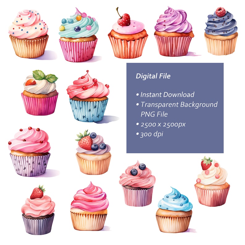 Colorful Cupcake Clipart Set - Sweet Graphics - Watercolor Cupcakes ...