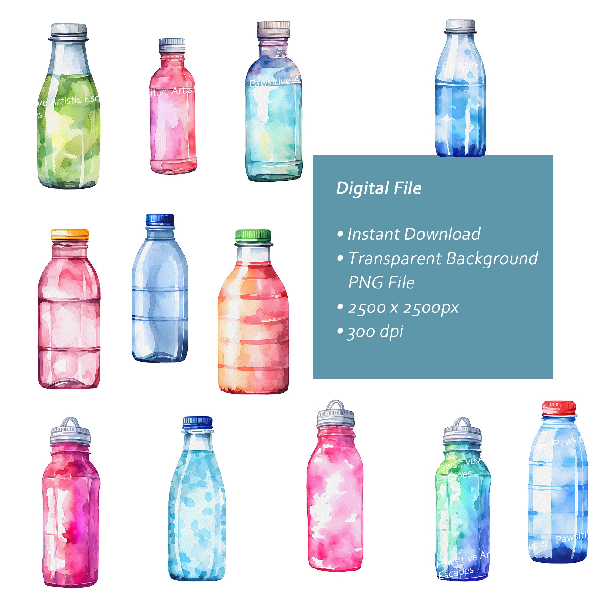 Watercolor Water Bottle Clipart Set - Drink Clipart - Colorful Prints ...