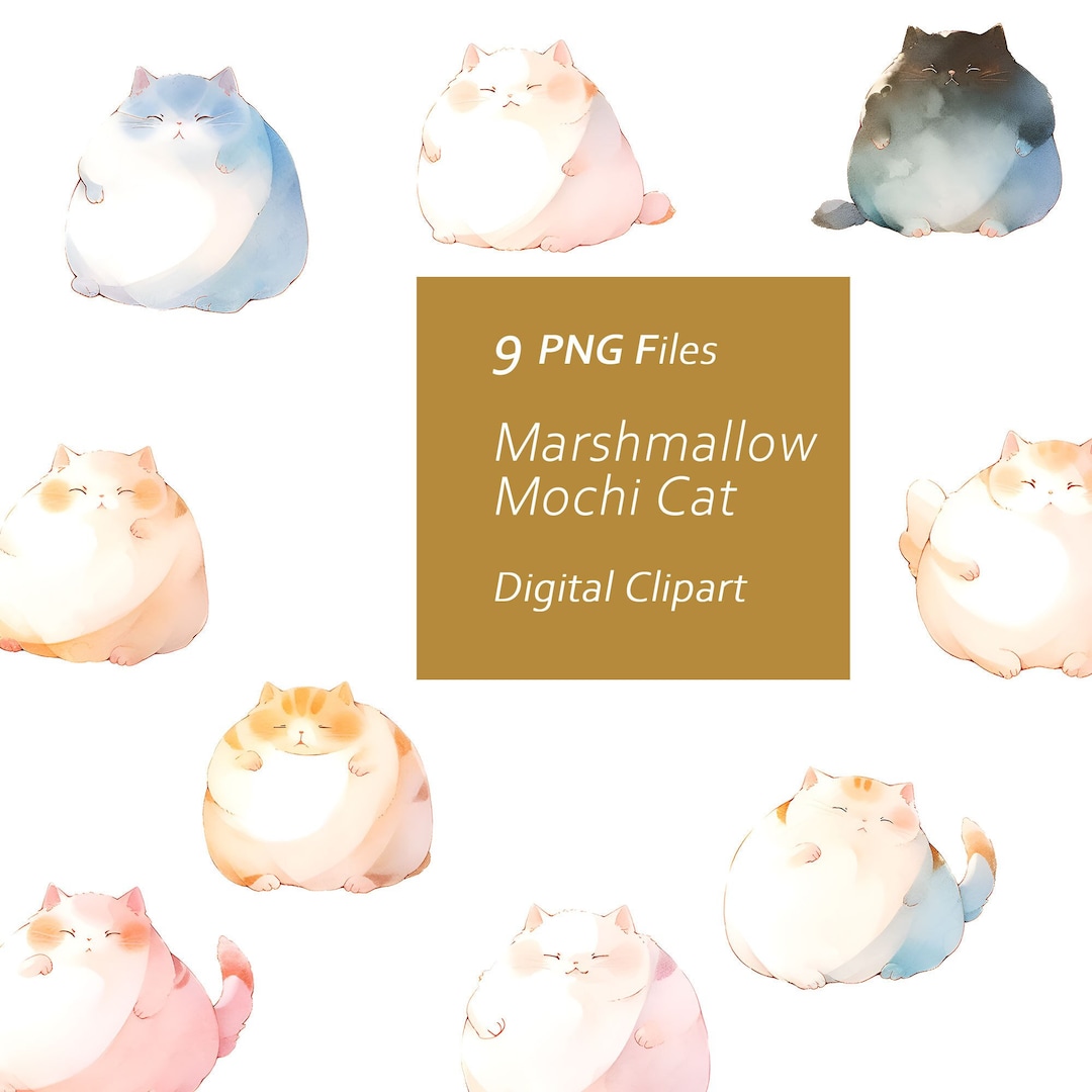 Marshmallow Mochi Cat Watercolor Clipart, PNG File, Instant Download ...