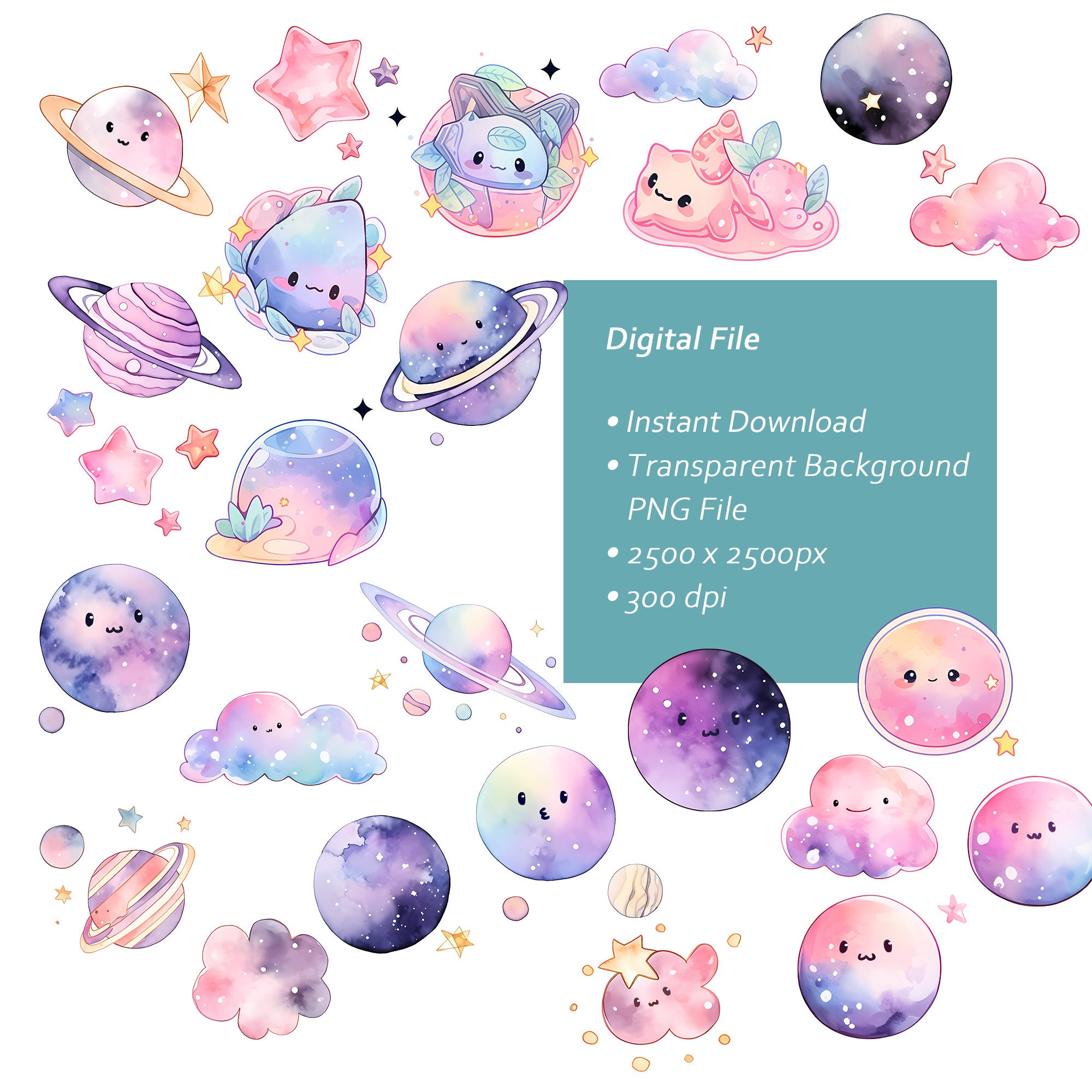 Kawaii Galaxy Doodle Clipart Set - Whimsical Doodles - Cute Space ...