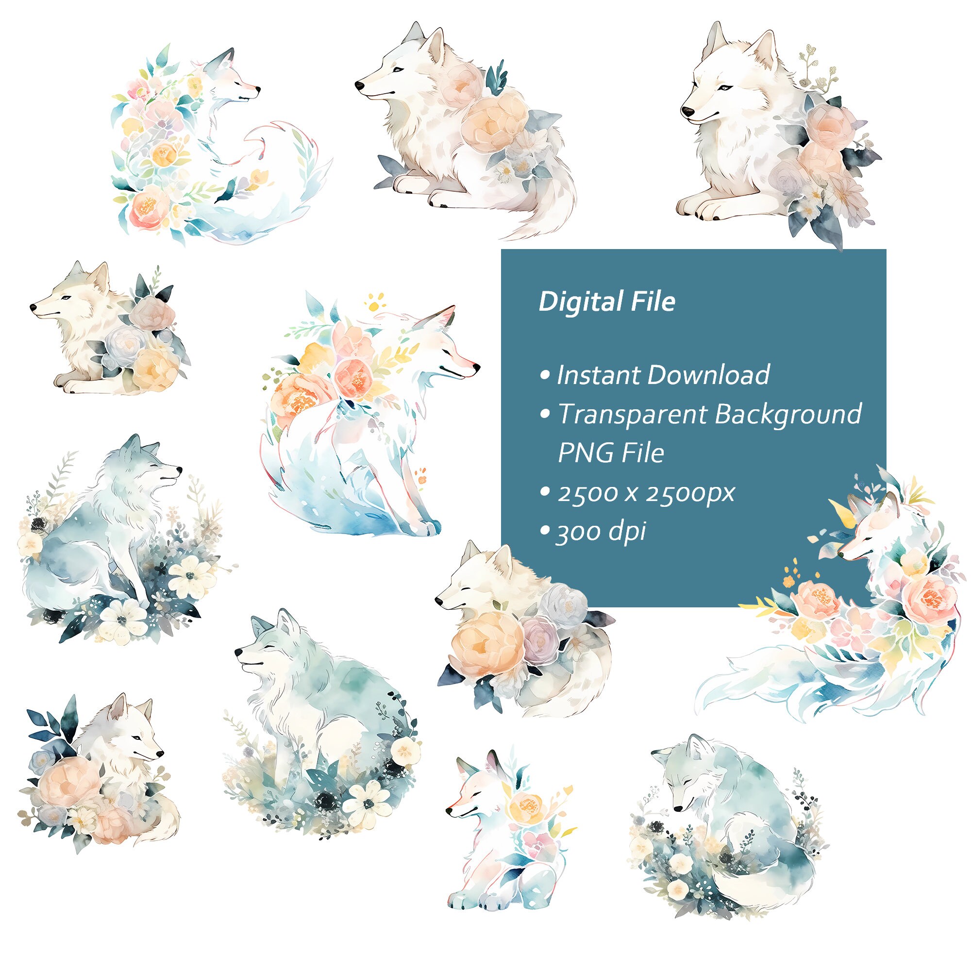 Wolf Floral Clipart Set - Whimsical Wolf - Flower Joy - Flower Wolf ...