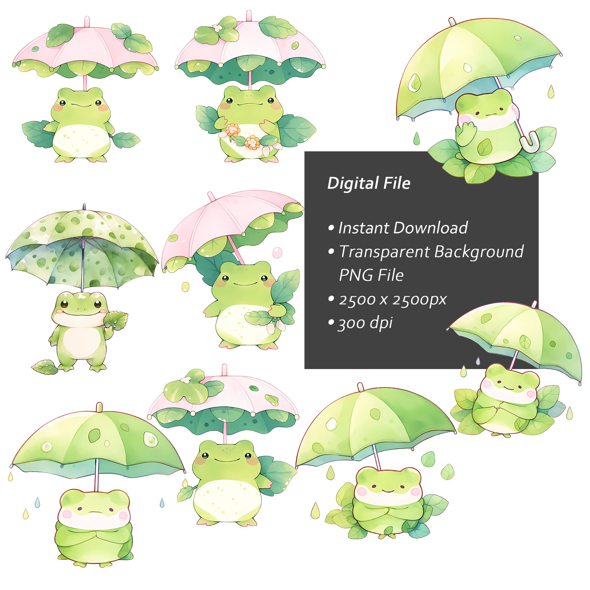 Kawaii Frog Leaf Umbrella Clipart Set - Frog Characters - Instant ...