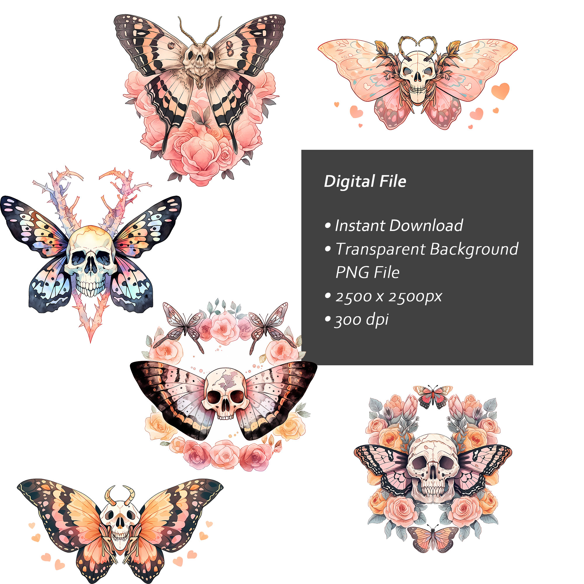 Gothic Moth Skull Clipart Set Gothic Prints Instant Download PNG, Commercial Use, Printable ...