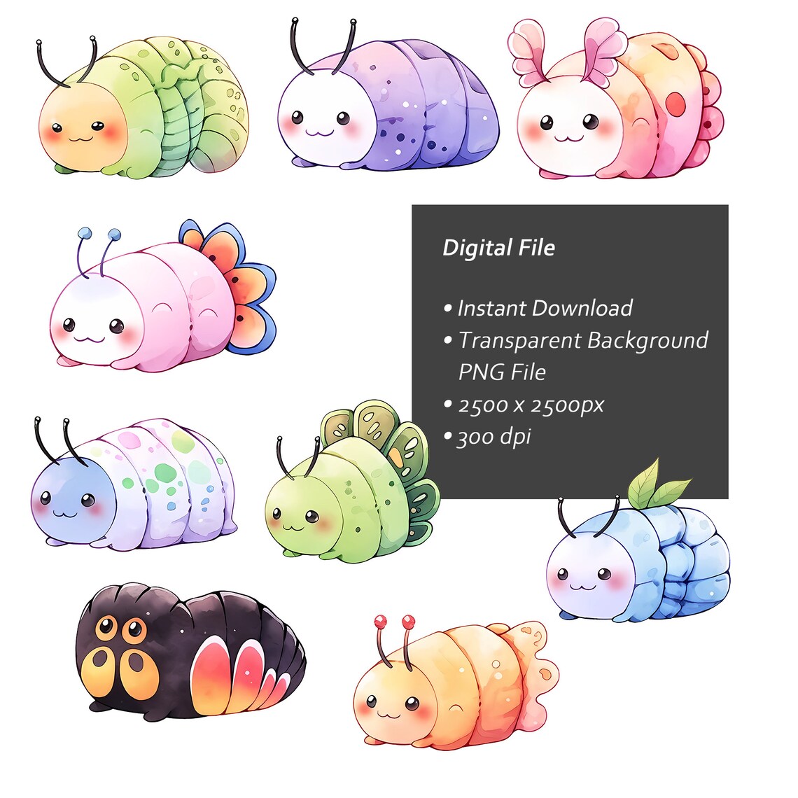 Kawaii Chubby Caterpillar Clipart Set - Cartoon Insect - Instant ...