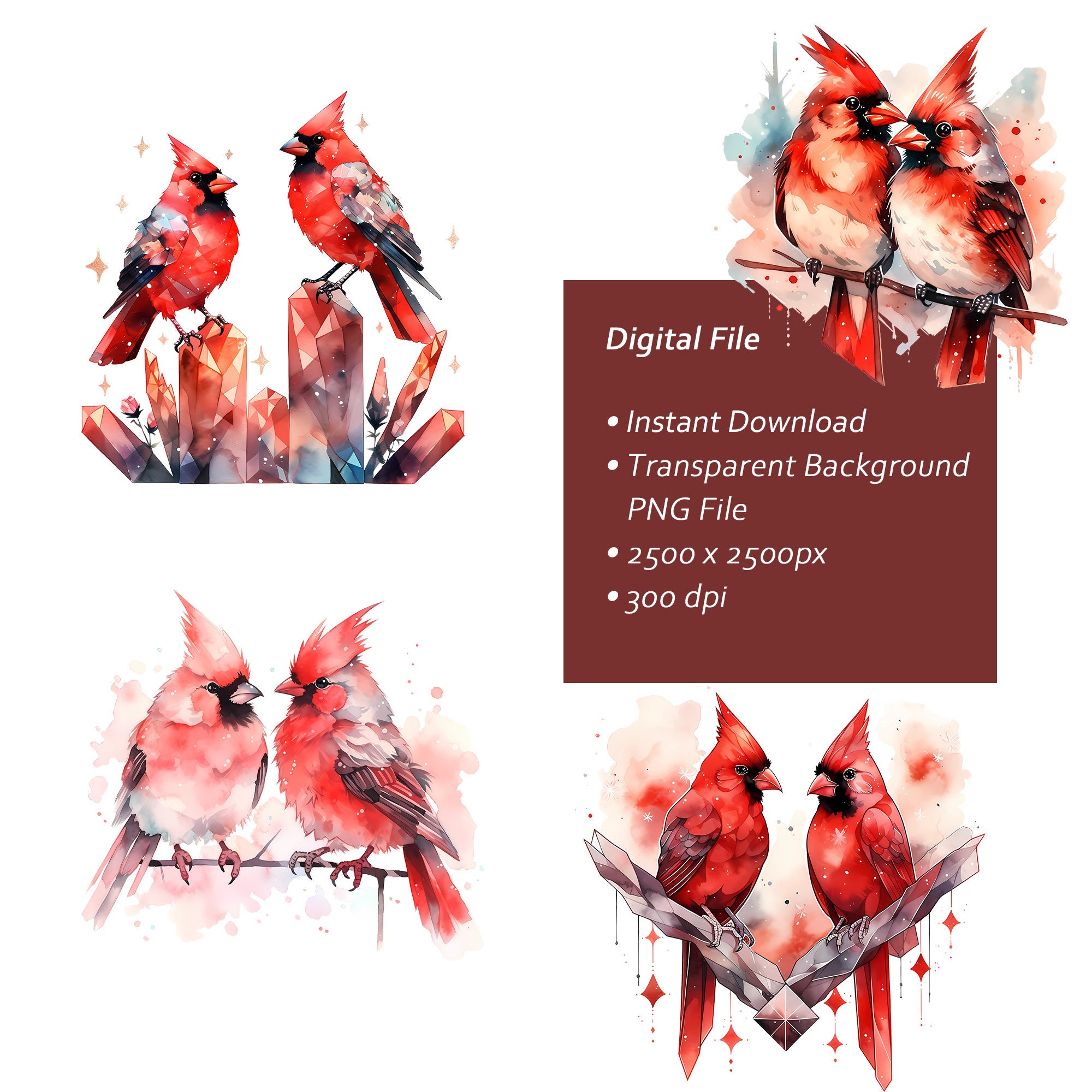 Stardust Cardinal Couple Clipart Set - Watercolor Birds - Whimsical ...