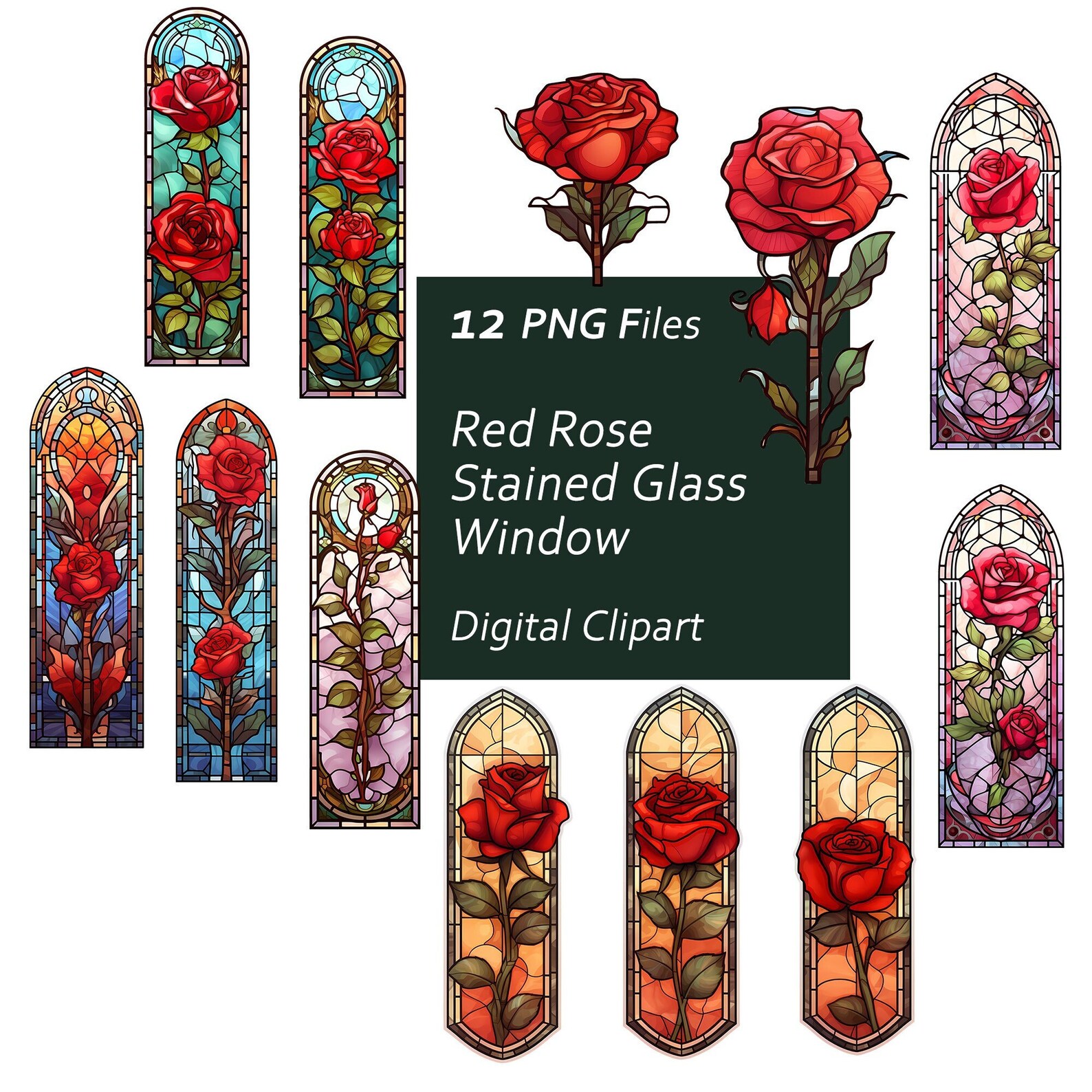 Red Rose Stained Glass Clipart Set – Printable Window PNG (digital ...