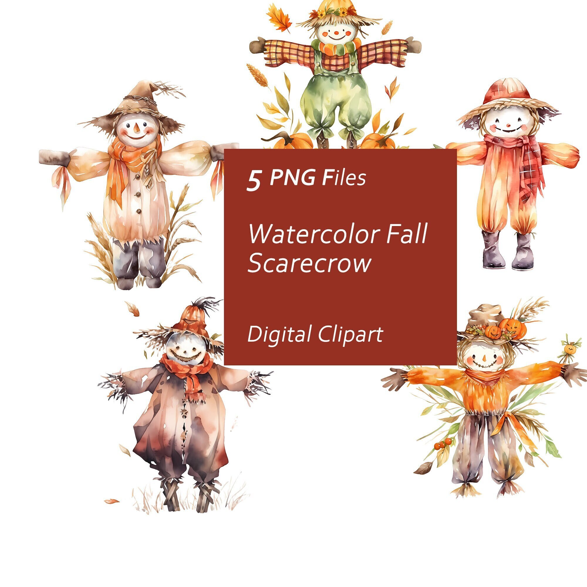 Watercolor Fall Scarecrow Clipart Set Scarecrow Graphics Whimsical Fall ...