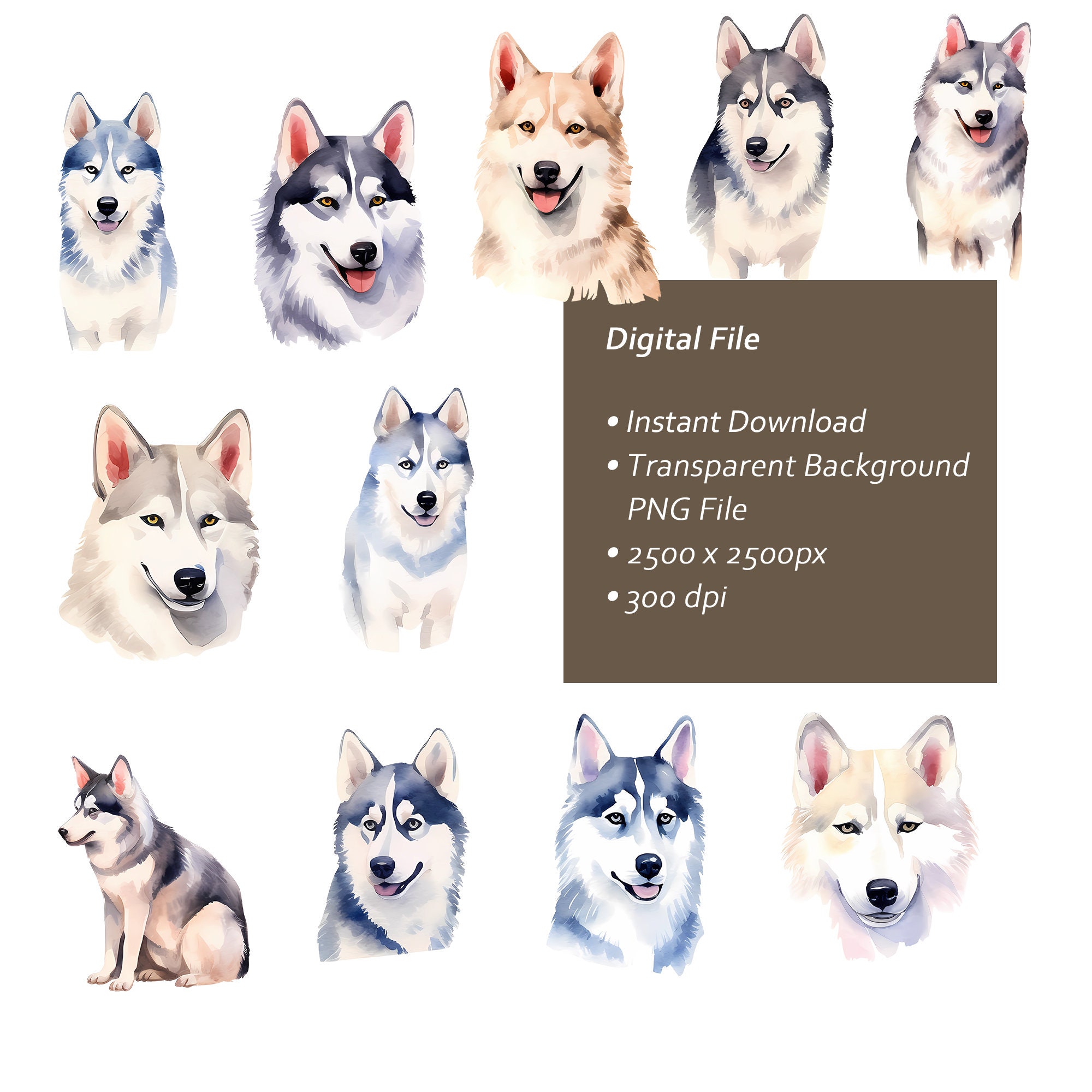 Watercolor Husky Clipart Set - Adorable Husky - Whimsical Huskies ...