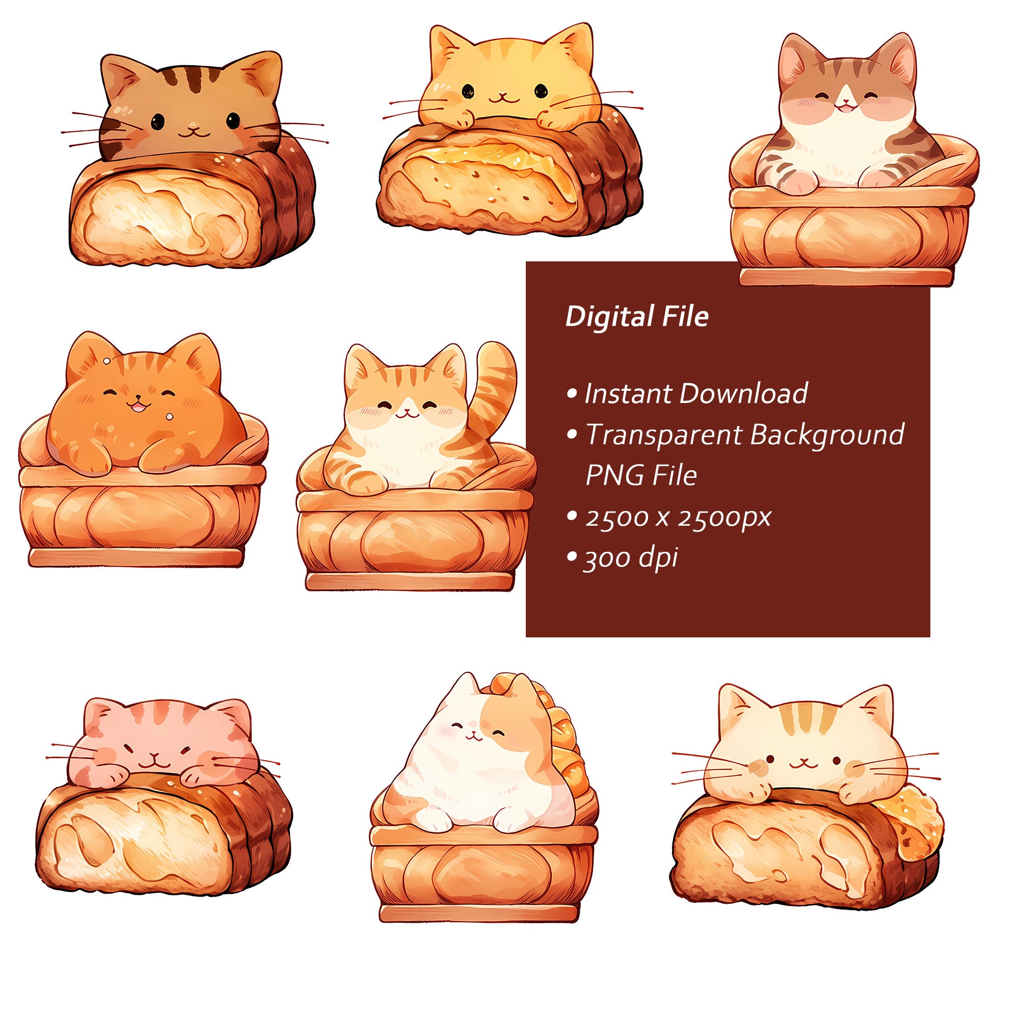Cute Cat Bread Loaf Clipart Set - Whimsical Cat - Catloaf - Cat Bread ...