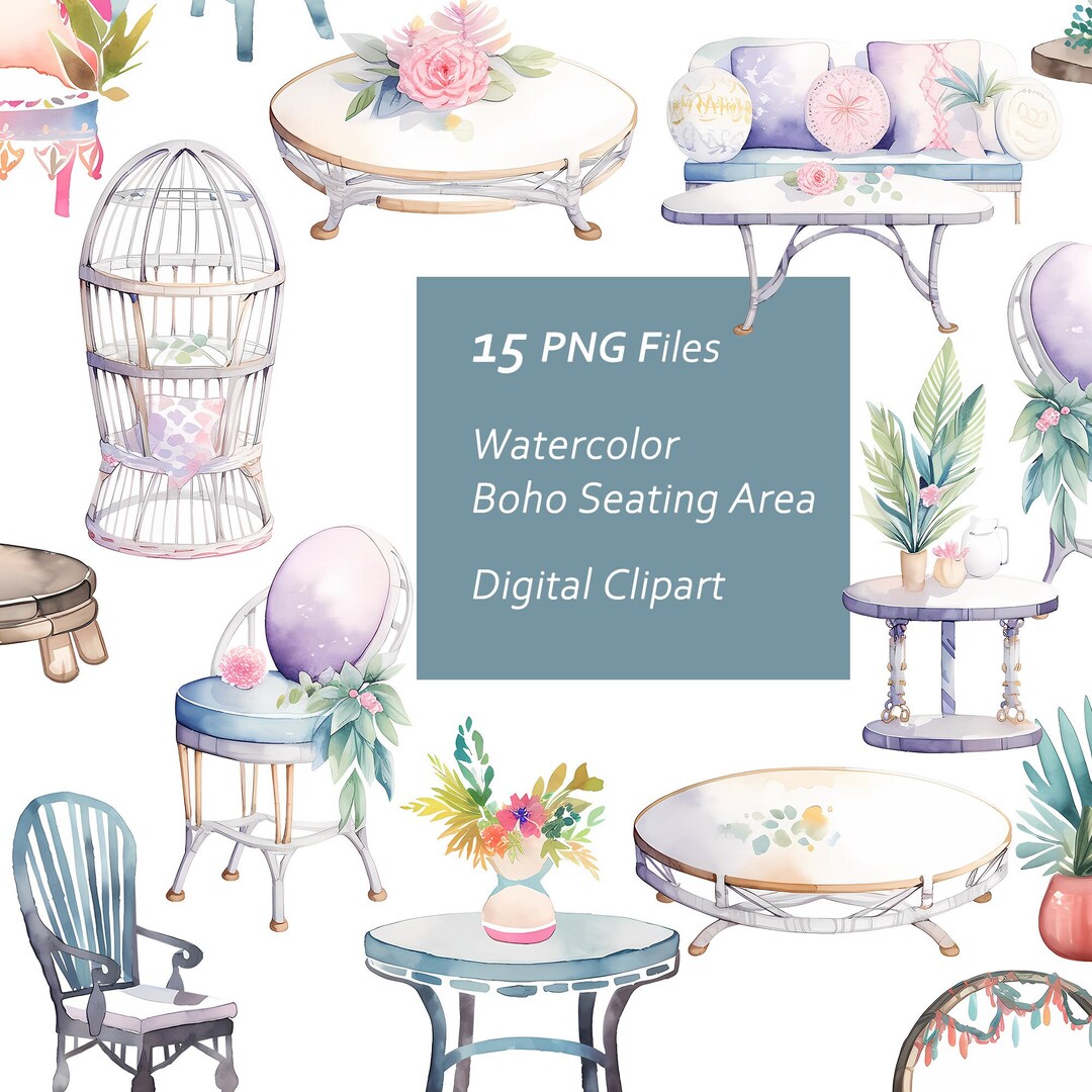 Watercolor Boho Seating Area Clipart Set - Furniture Art - Instant ...