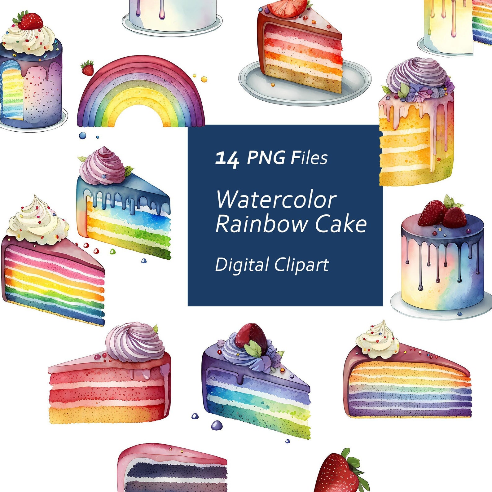 Watercolor Rainbow Cake Clipart Set - Whimsical Rainbow Cake -pastel ...