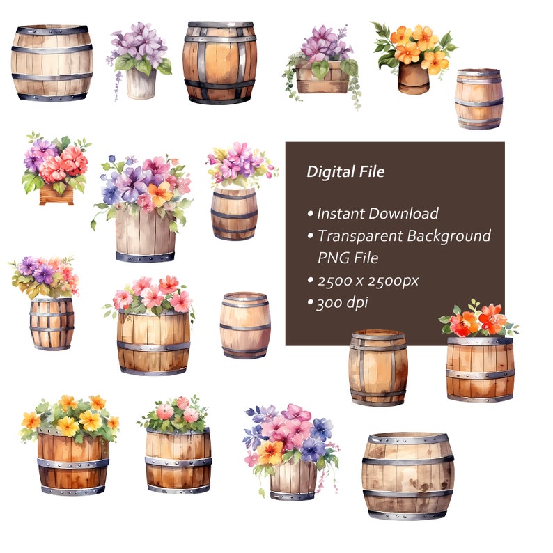 Flower Barrel Clipart Set - Flower Art - Barrel Prints - Instant ...