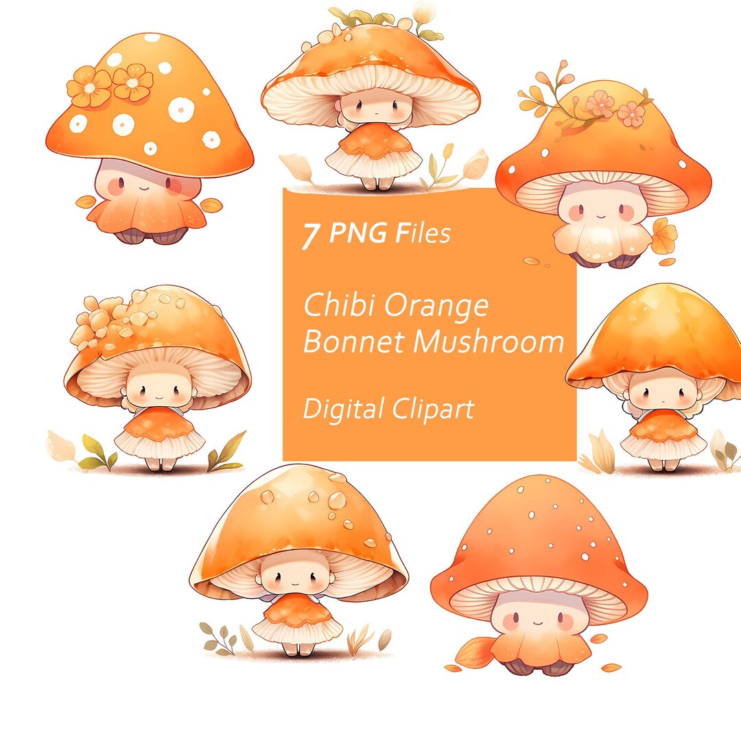 Chibi Orange Bonnet Mushroom Clipart Set - Mushroom Drawing - Instant ...