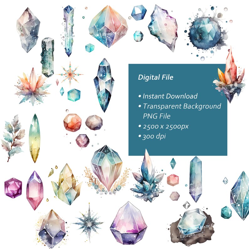 Watercolor Crystals Clipart Set - Gemstone Graphics - Mineral Clipart ...