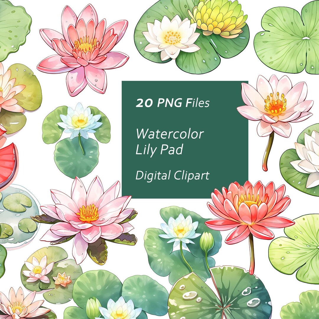 Watercolor Lily Pad Clipart Set - Pond Scene - Whimsical Lily - Instant Download PNG, Commercial ...