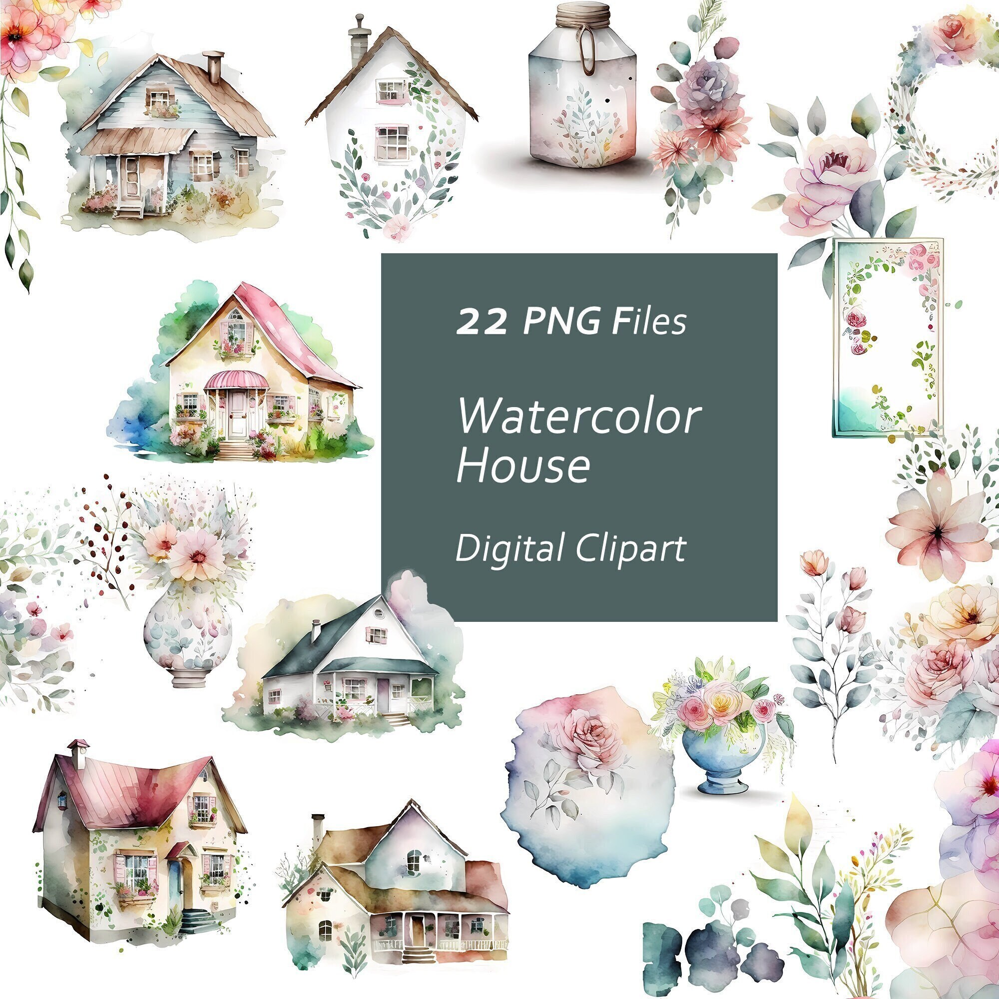 Watercolor Cottage Clipart Set – Country House Floral PNG (digital ...
