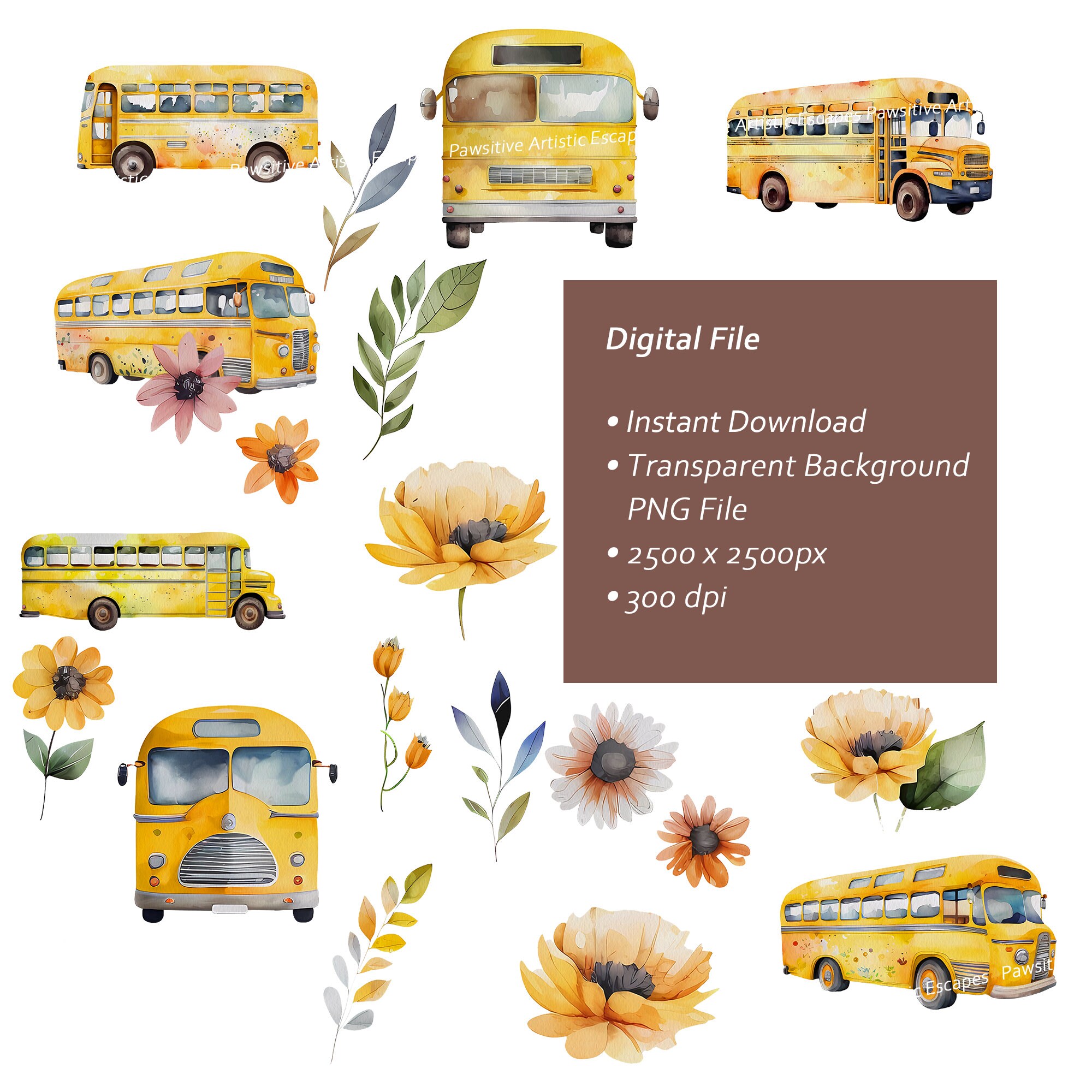 Watercolor School Bus Clipart – Back to School PNG Set (digital ...