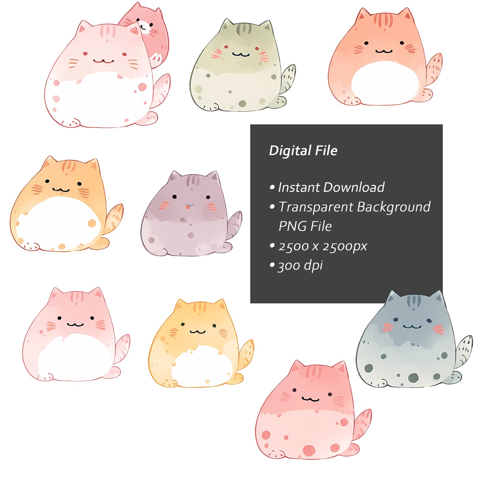 Kawaii Chonky Cat Clipart Set Cartoon Animal Instant Download PNG ...