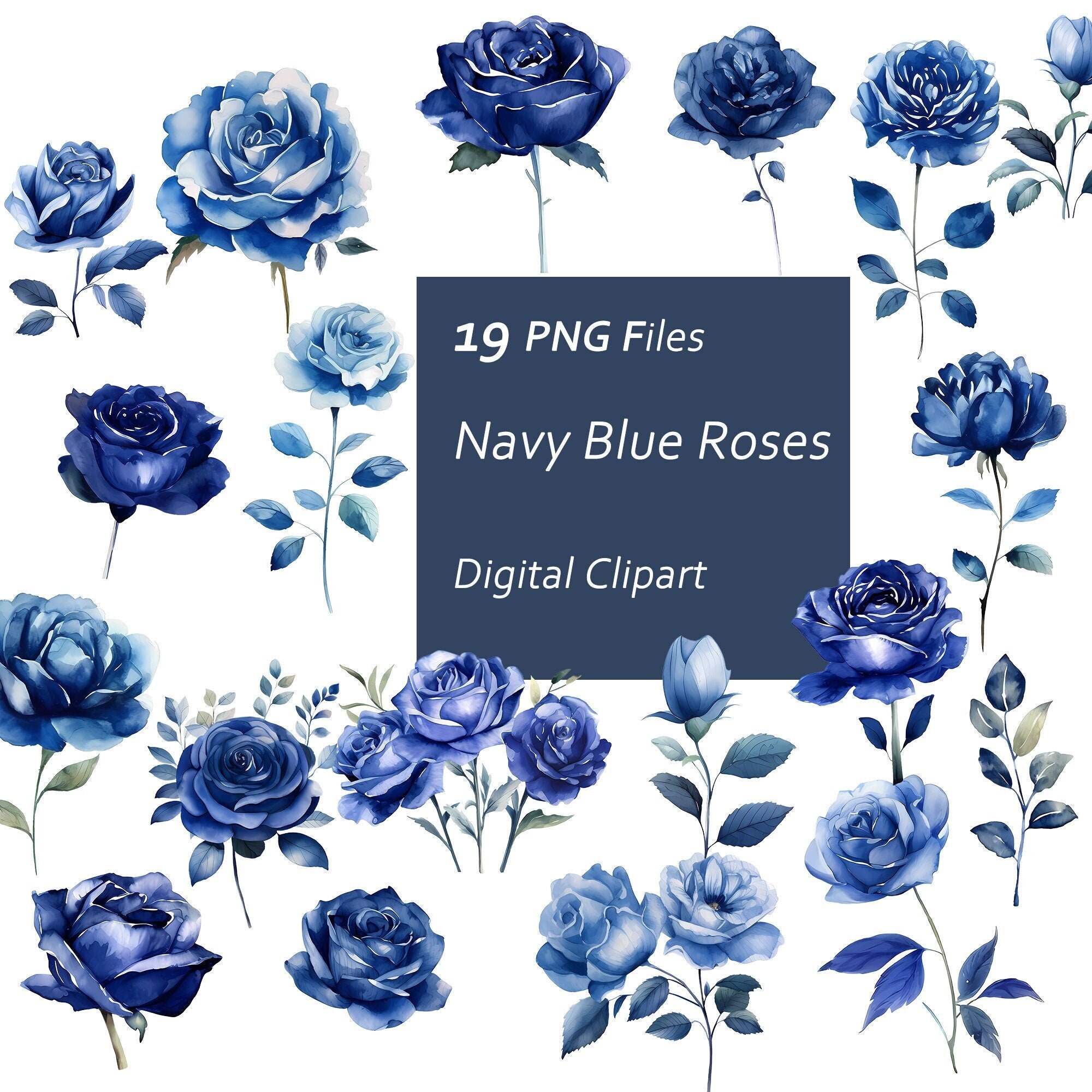 Navy Blue Roses Clipart - Navy Blue Florals - Whimsical Roses - Instant ...