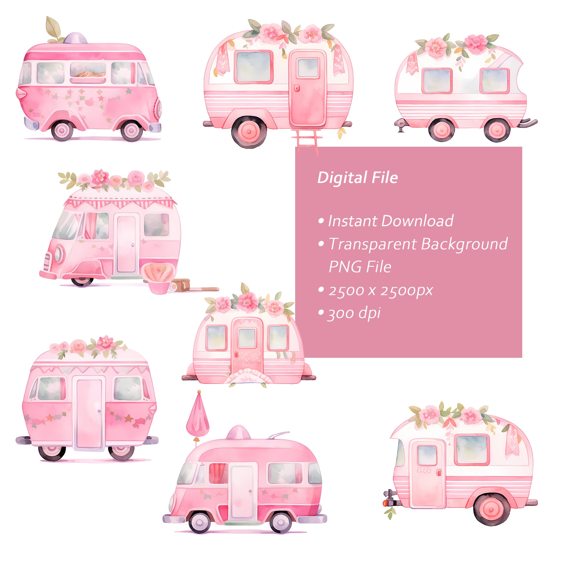 Pink Campers Vintage Clipart Set - Retro Graphics - Vintage Campers ...