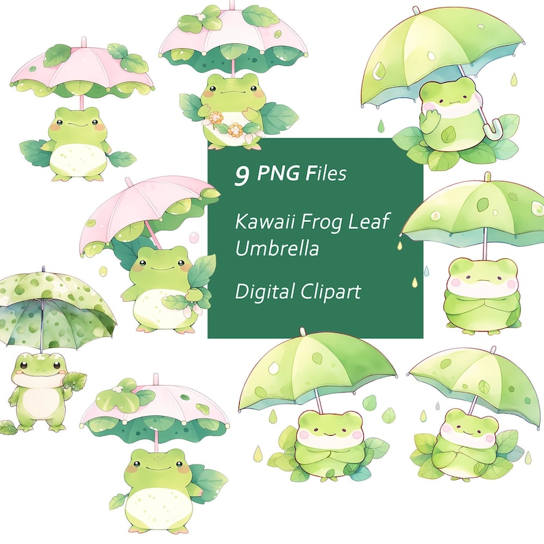 Kawaii Frog Leaf Umbrella Clipart Set - Frog Characters - Instant ...