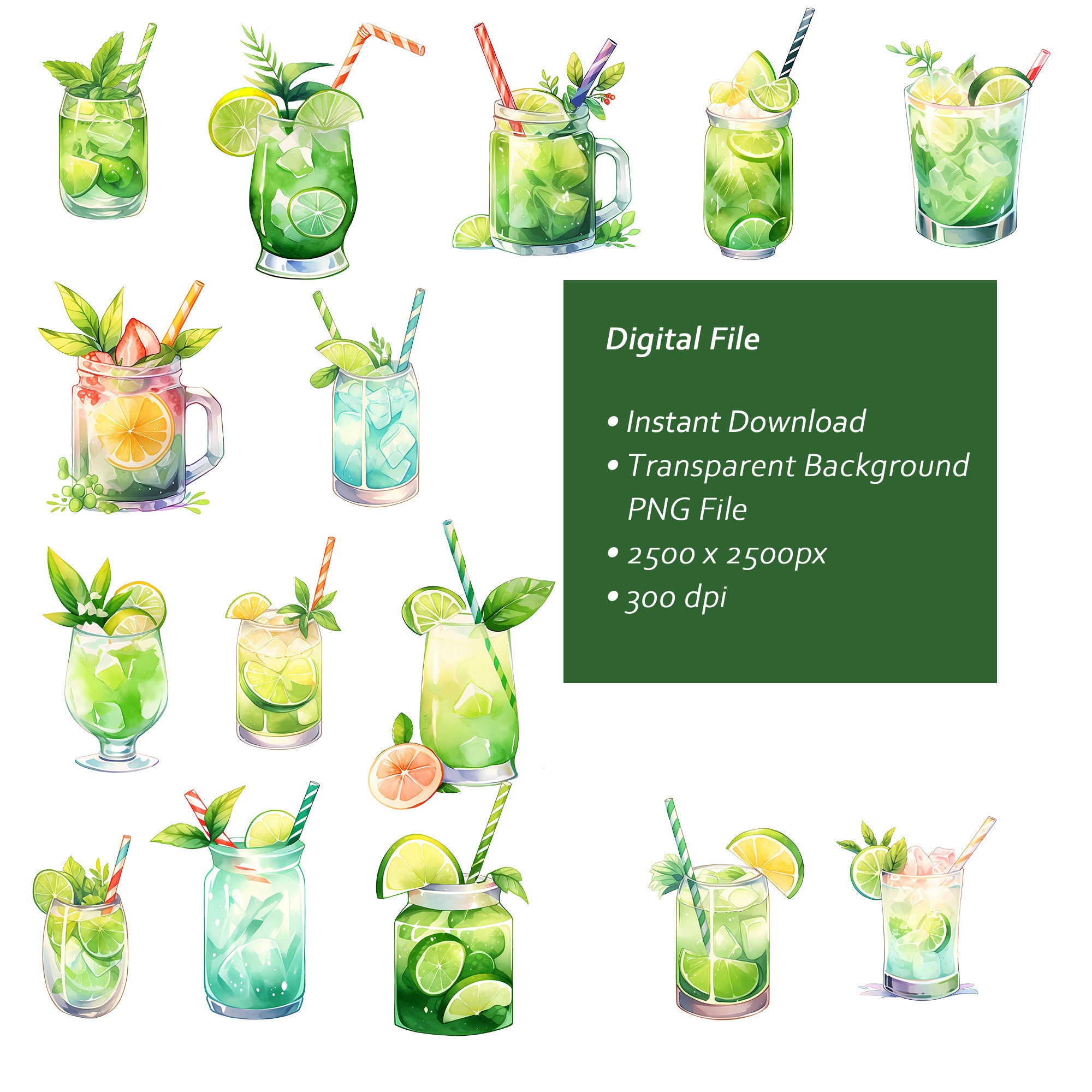 Mojitos Clipart Set - Whimsical Cocktail - Whimsical Mojito - Instant ...