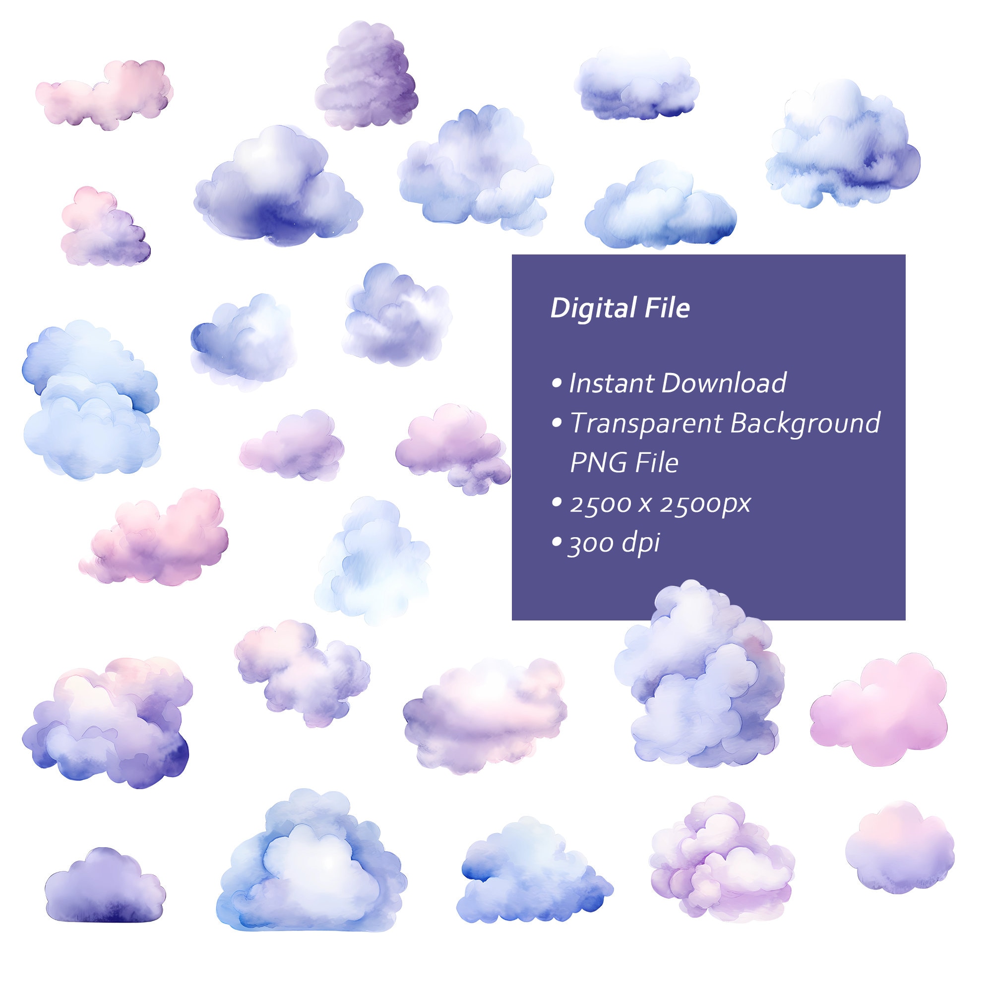 Watercolor Clouds Clipart Set - Clouds Illustrations - Sky ...