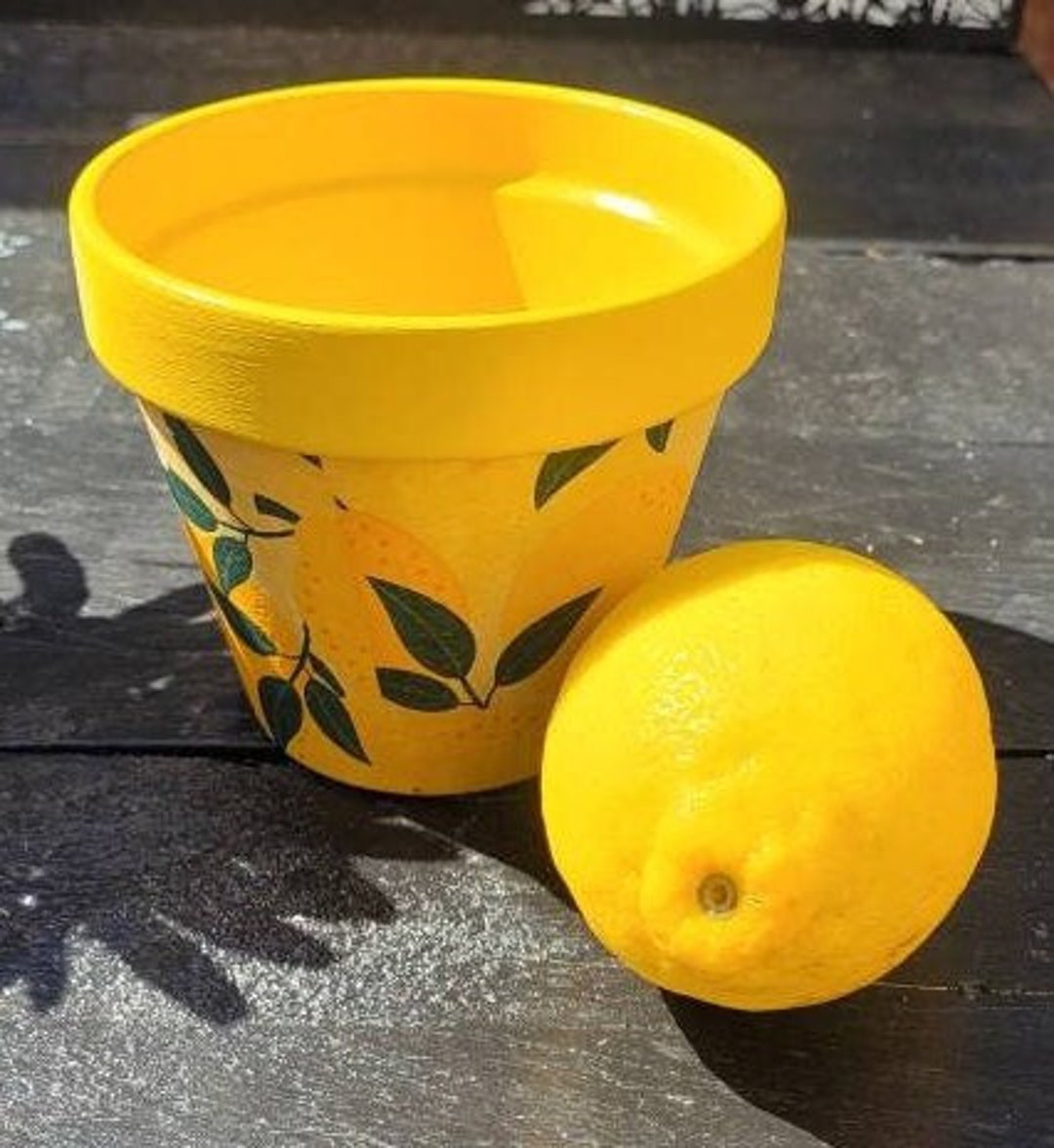 Decoupaged Lemon Clay Pot: Hand-painted Yellow Indoor Planter - Etsy